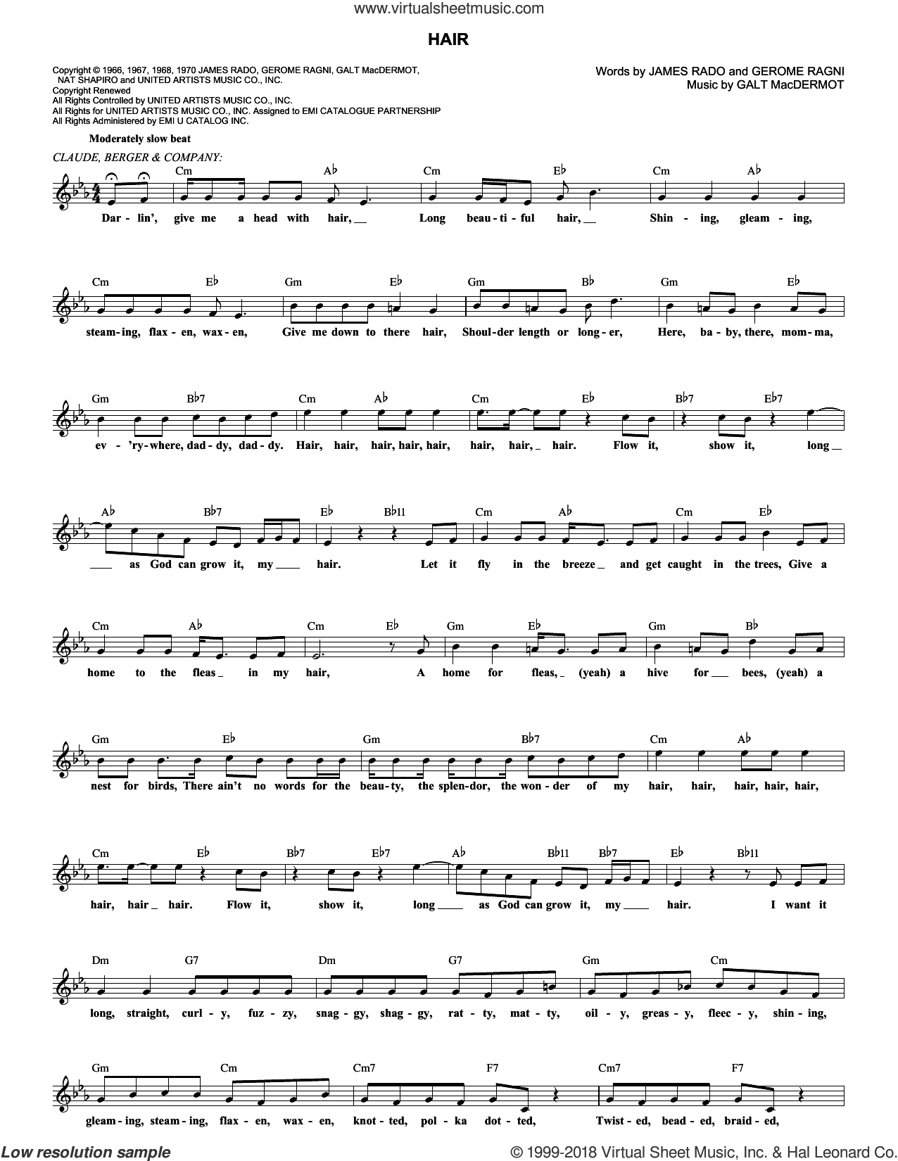Hair sheet music for voice and other instruments (fake book)