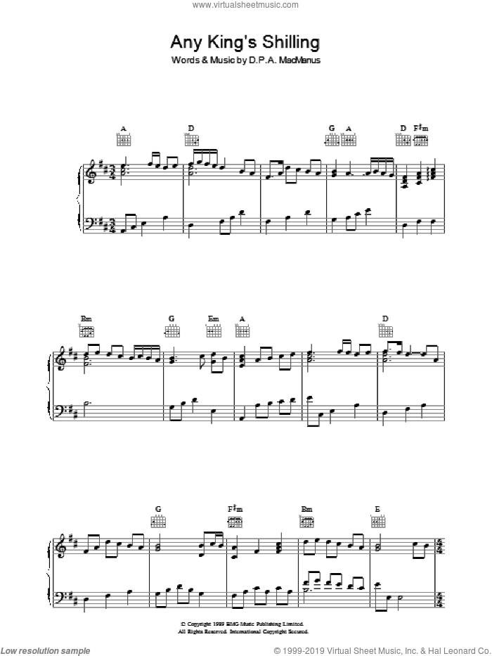 Any King's Shilling sheet music for voice, piano or guitar (PDF)