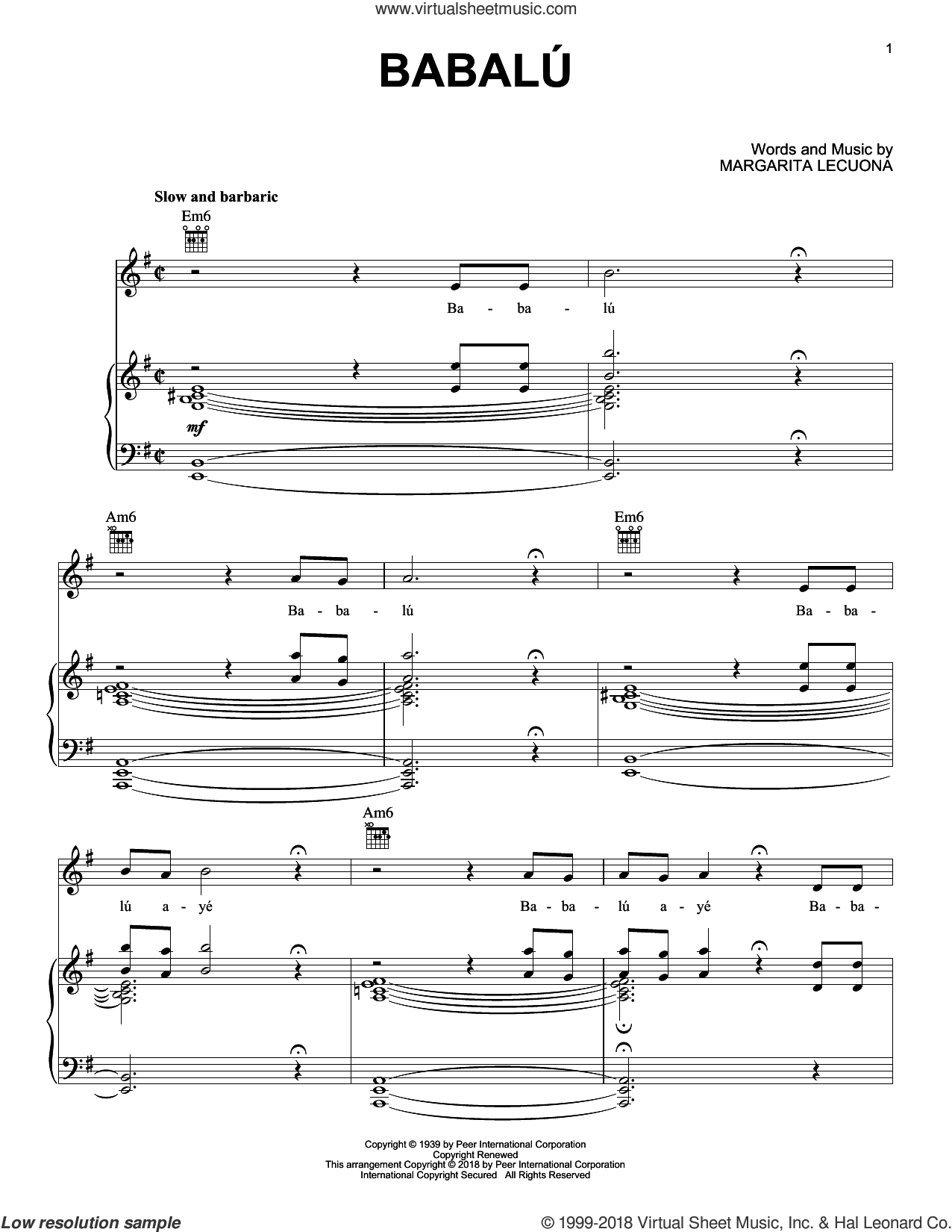 Babalu sheet music for voice, piano or guitar (PDF-interactive)