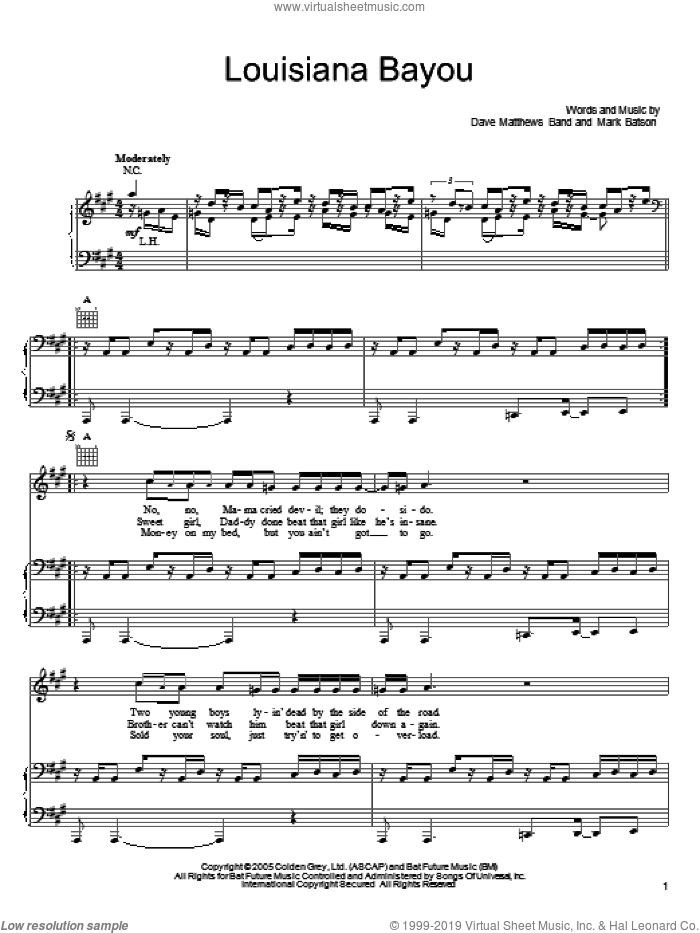 Louisiana Bayou sheet music for voice, piano or guitar (PDF)