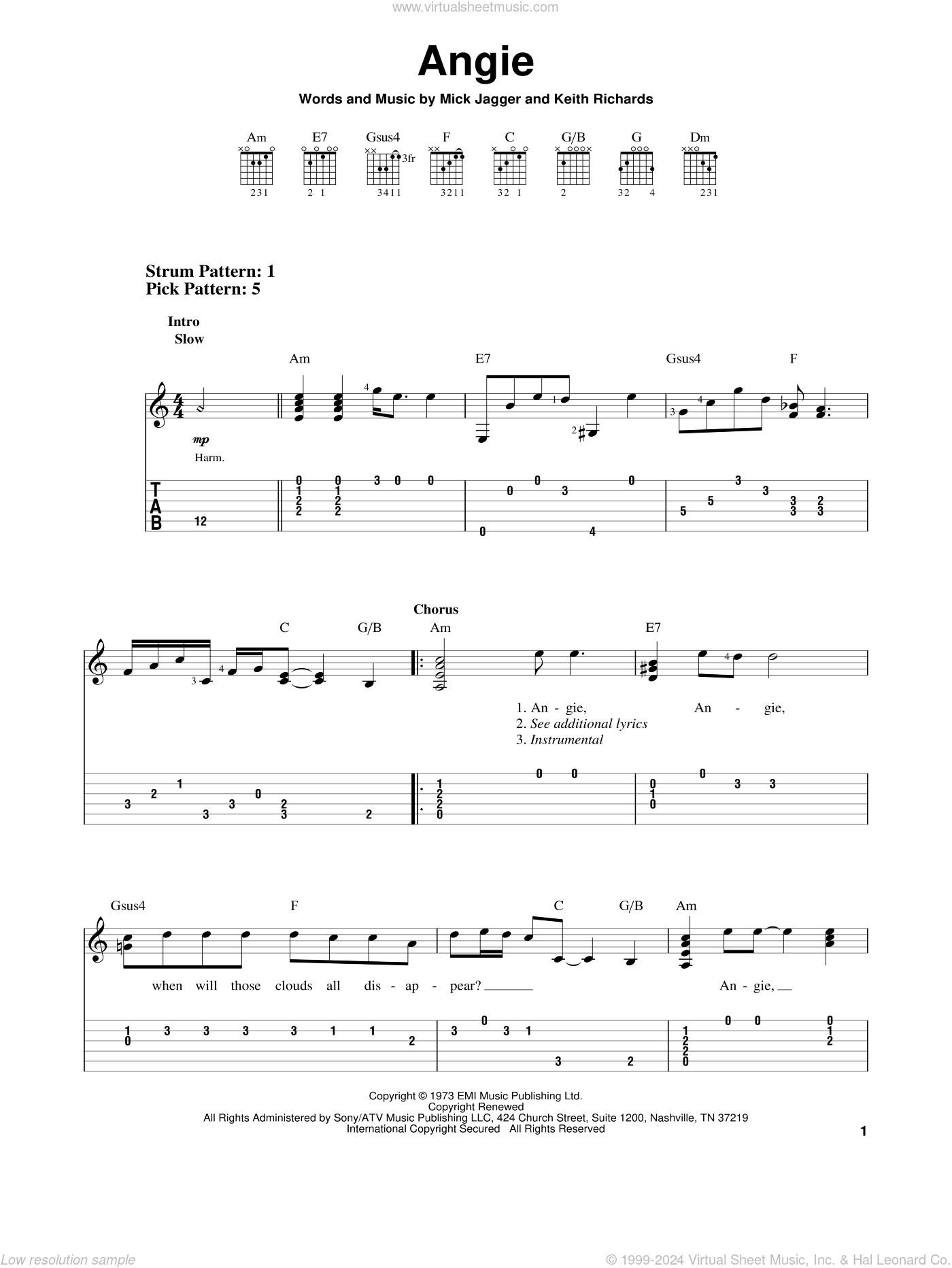 Angie sheet music (easy) for guitar solo (easy tablature) (PDF)
