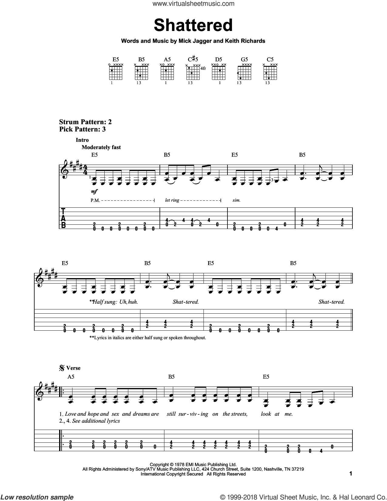Shattered sheet music for guitar solo (easy tablature) (PDF)