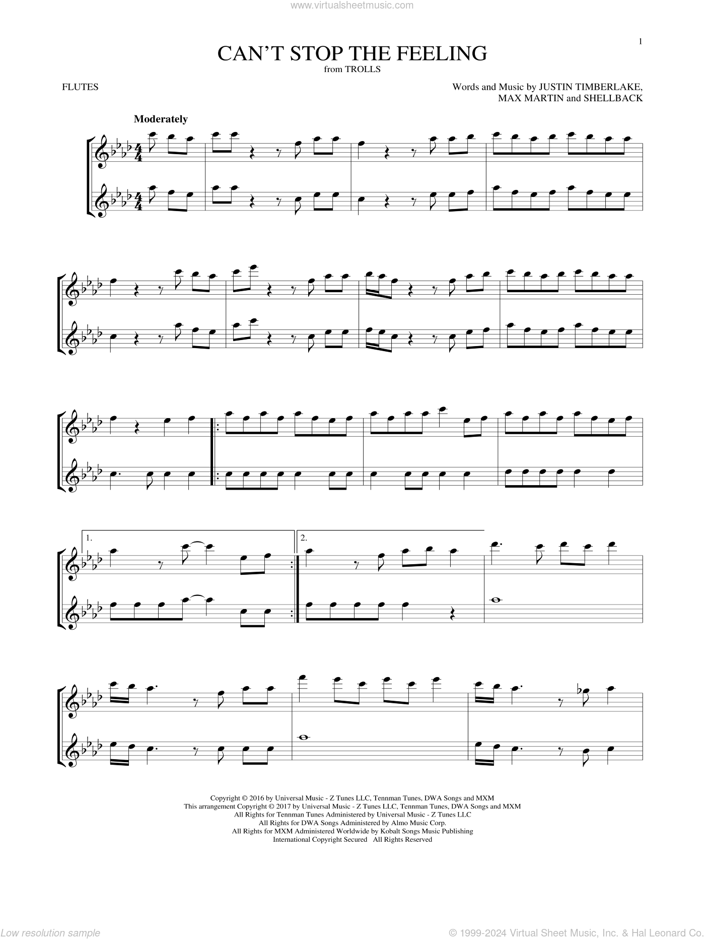 Can't Stop The Feeling sheet music for two flutes (duets) (PDF)