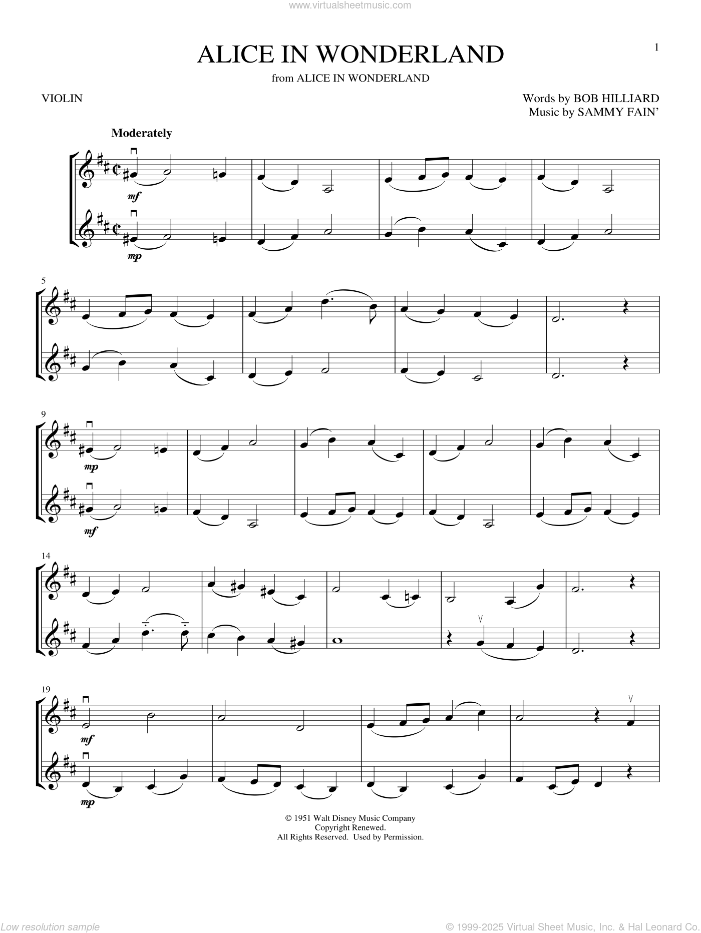 Alice In Wonderland sheet music for two violins (duets, violin duets)