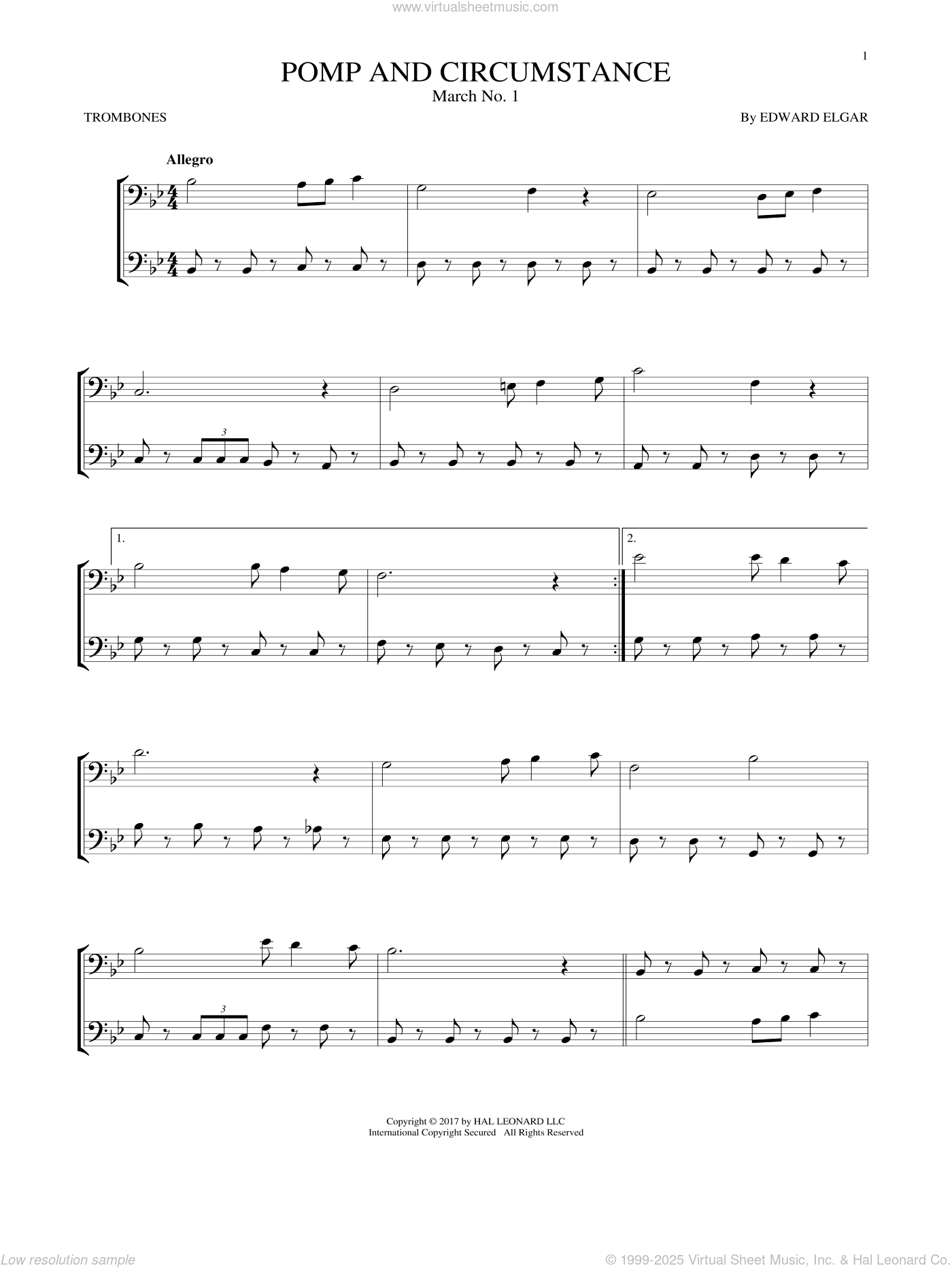 Pomp And Circumstance, March No. 1 sheet music for two trombones (duet ...