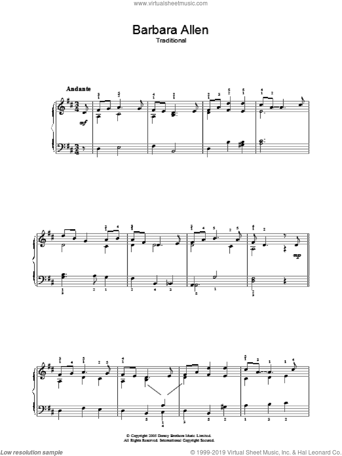 Traditional English Ballad: Barbara Allen sheet music for voice, piano ...
