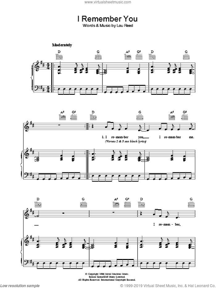 Lou Reed: I Remember You sheet music for voice, piano or guitar