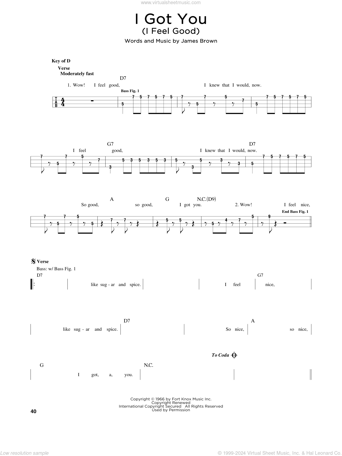 I Got You (I Feel Good) sheet music for bass solo (PDF)
