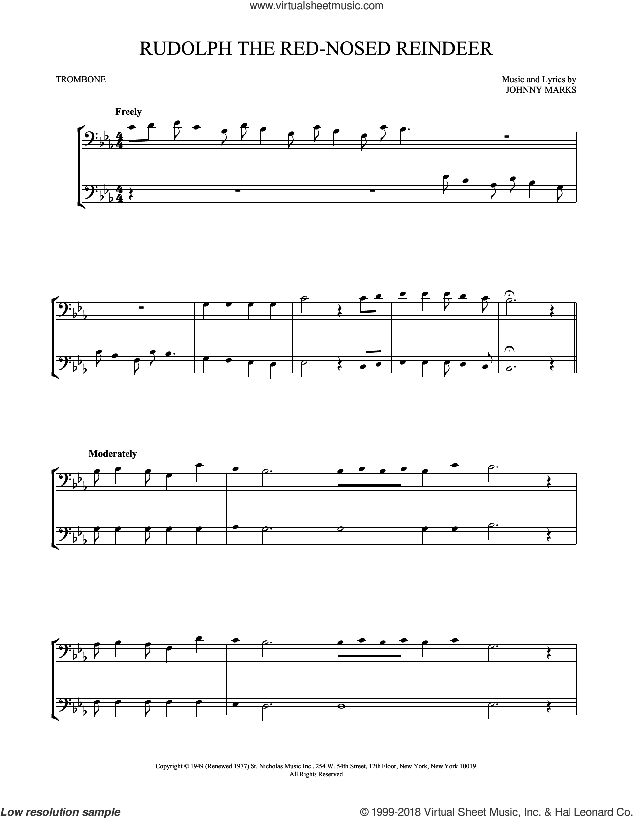 Rudolph The Red-Nosed Reindeer sheet music for two trombones (duet, duets)