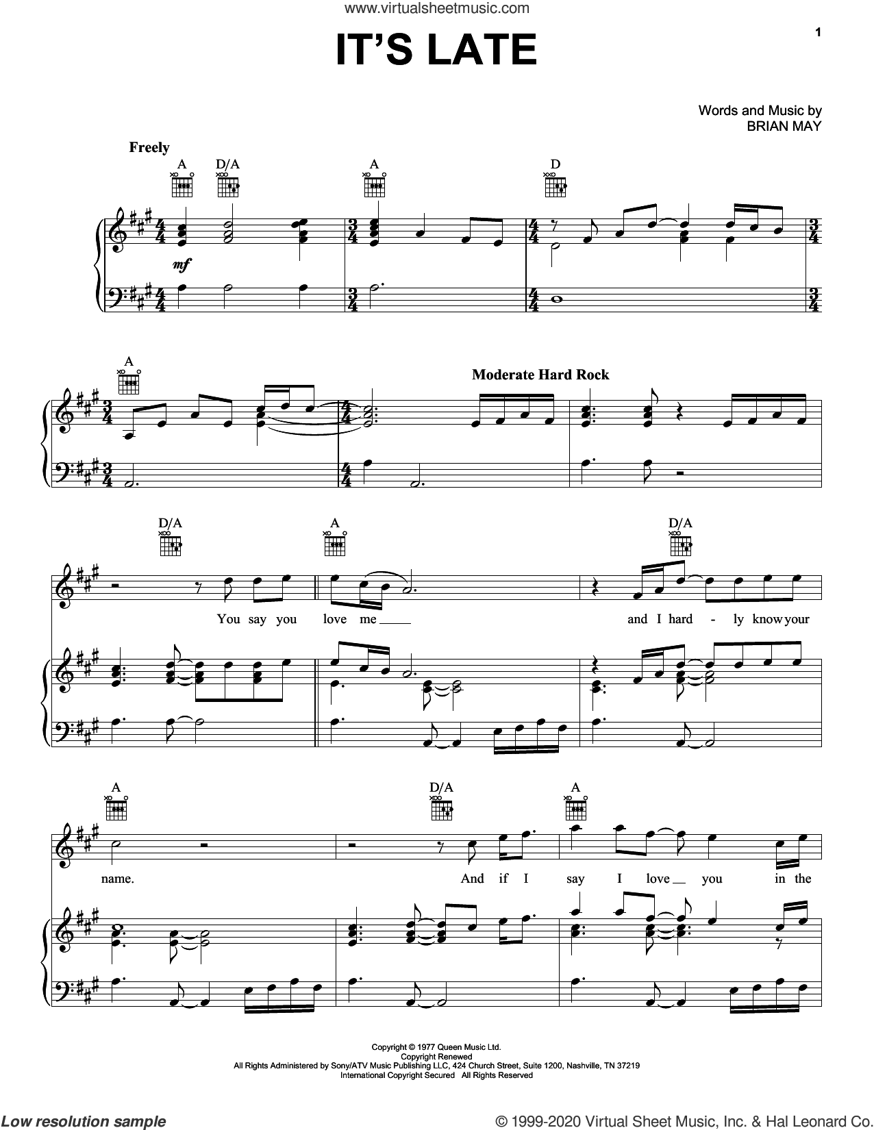 Queen: It's Late sheet music for voice, piano or guitar (PDF)
