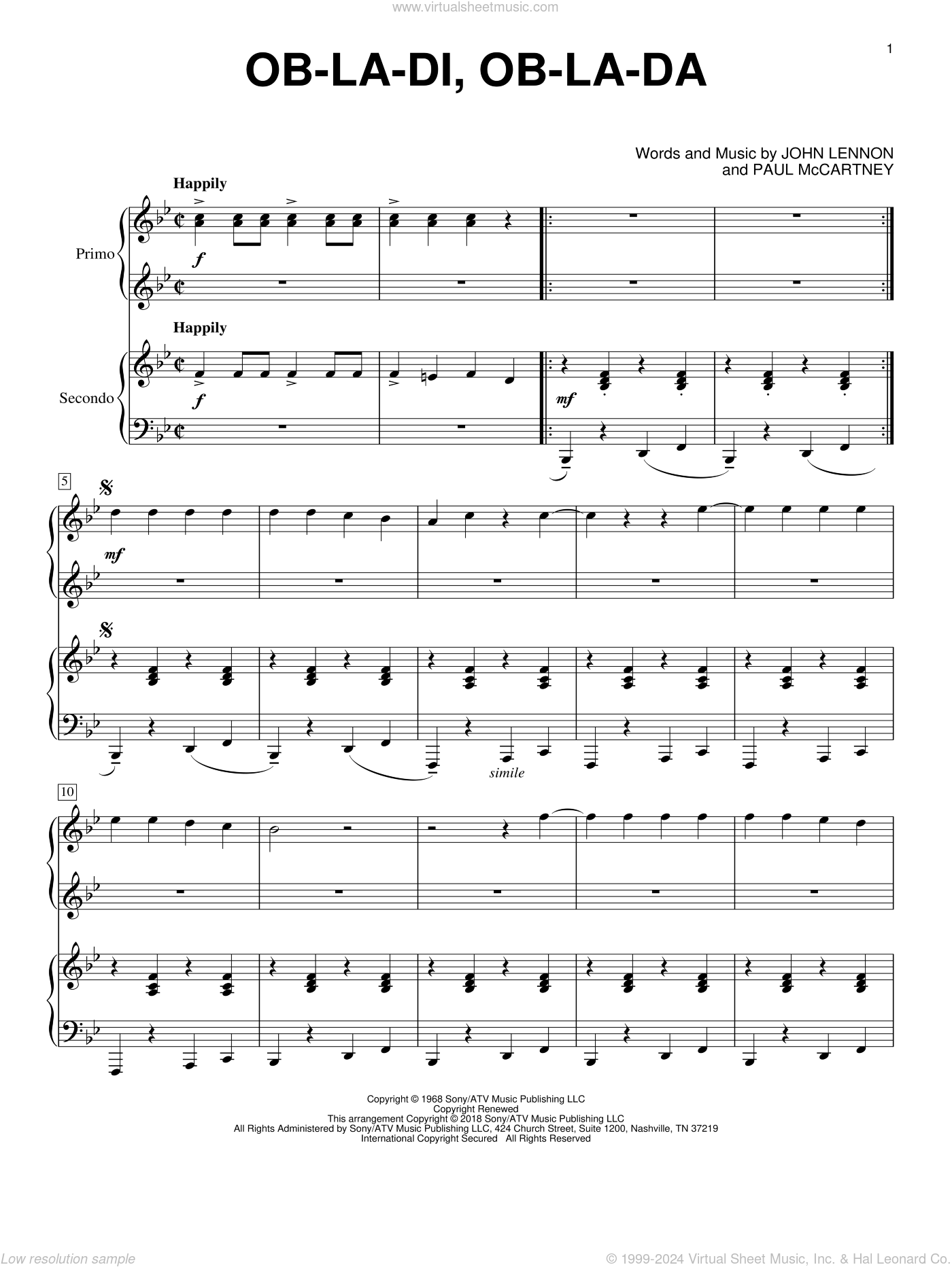 Ob-La-Di, Ob-La-Da sheet music for piano four hands (PDF)