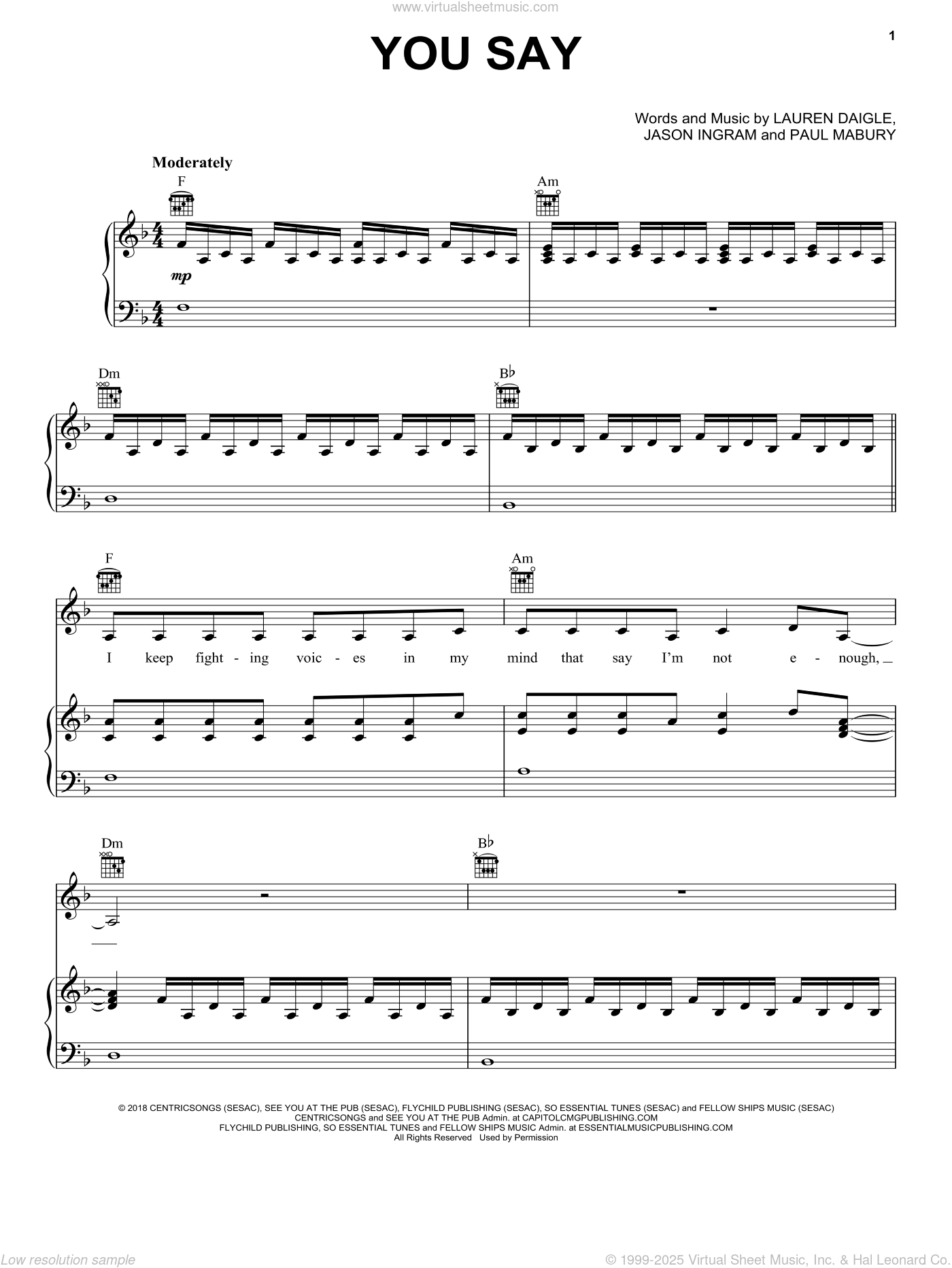 You Say sheet music for voice, piano or guitar (PDF-interactive)