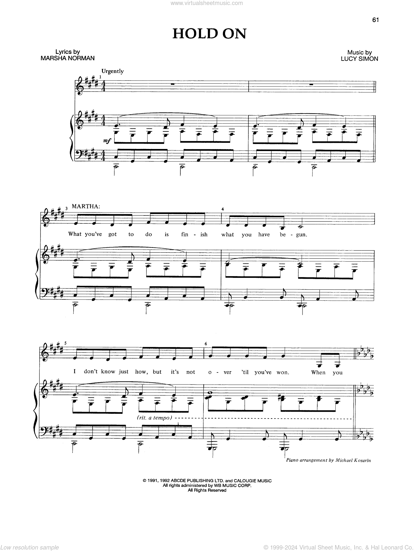Hold On sheet music for voice and piano (PDF)