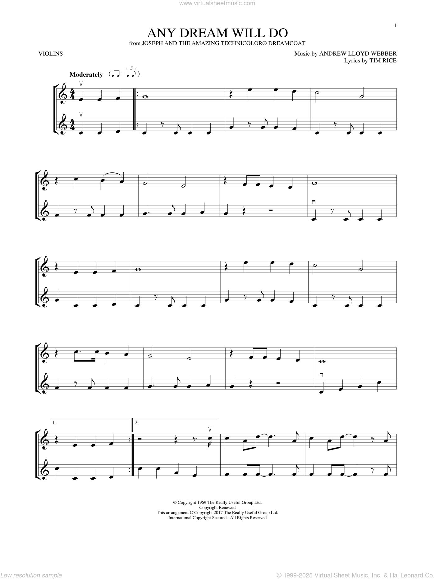 Any Dream Will Do sheet music for two violins (duets, violin duets)