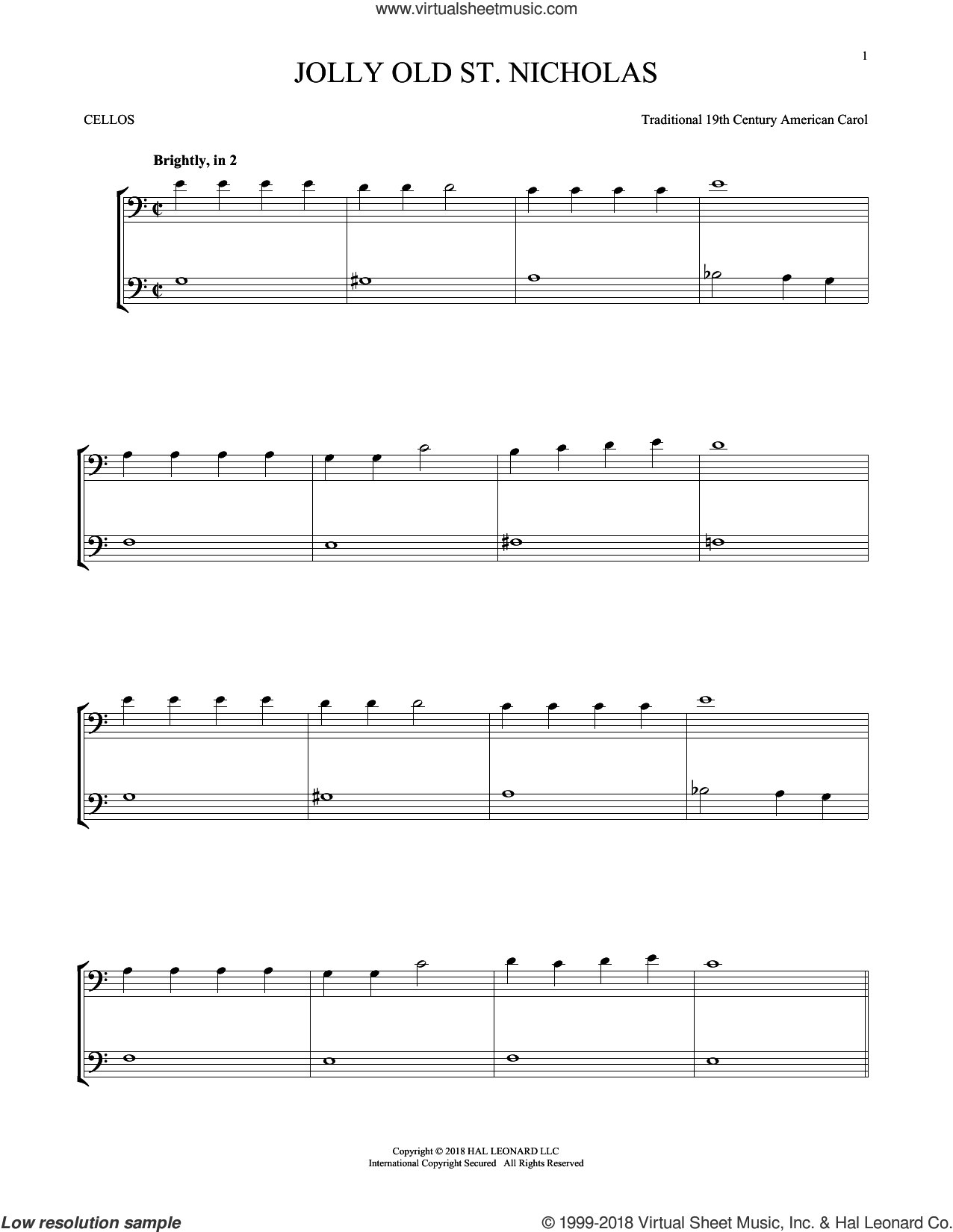 Jolly Old St. Nicholas sheet music for two cellos (duet, duets)