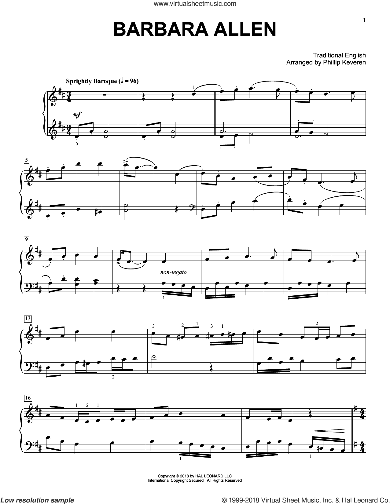 Barbara Allen [Classical version] (arr. Phillip Keveren) sheet music ...