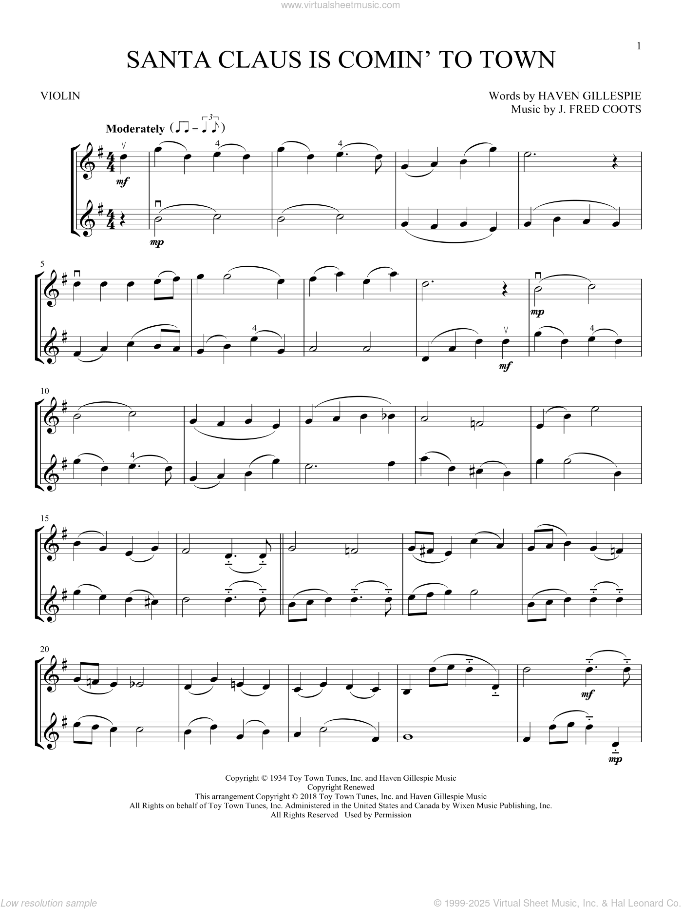 Santa Claus Is Comin' To Town sheet music for two violins (duets ...