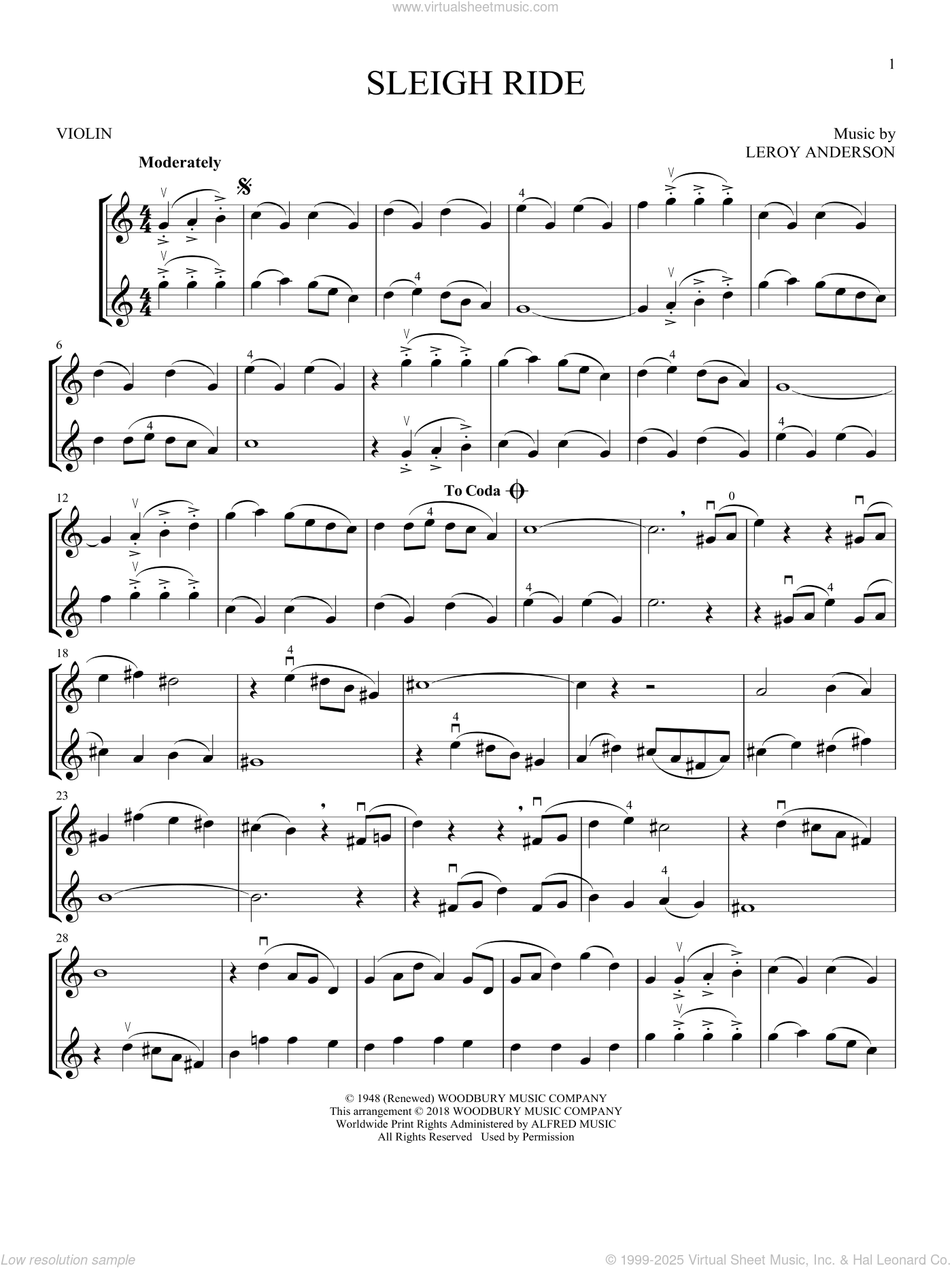 Mitchell Parish: Sleigh Ride sheet music for two violins (duets, violin ...