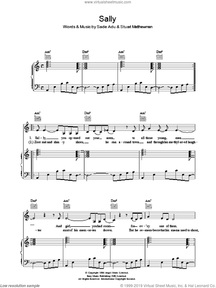 Sade: Sally sheet music for voice, piano or guitar (PDF)