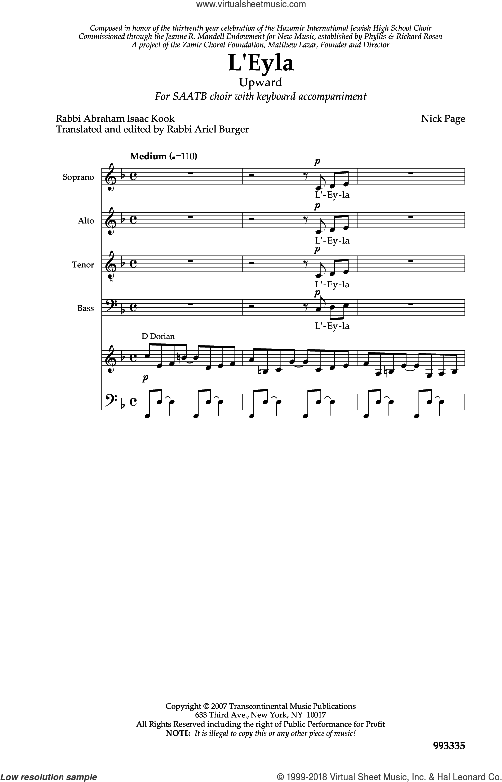 L'eyla L'eila Ssatb/keyboard sheet music for choir (SATB: soprano, alto ...
