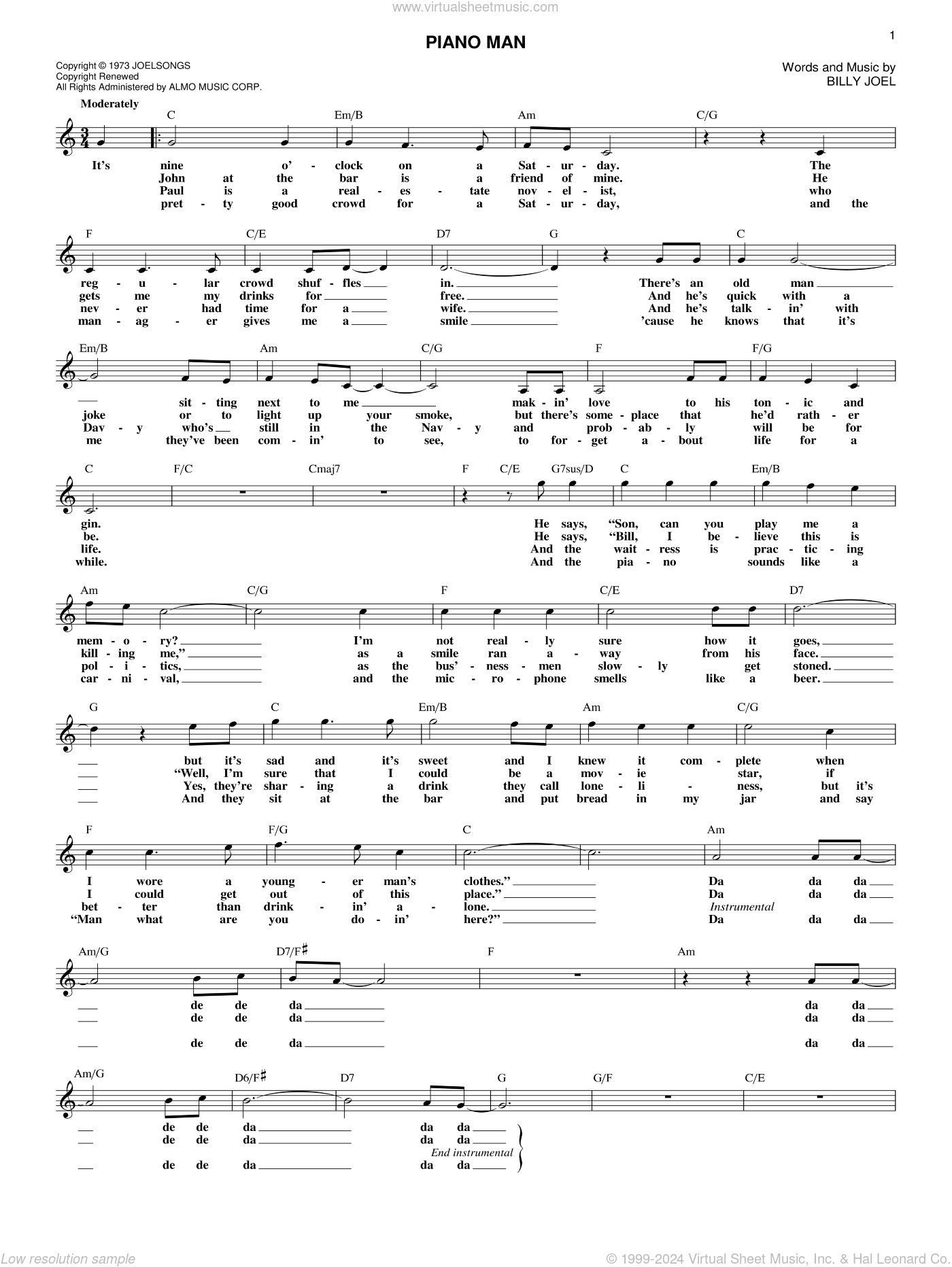 Piano Man sheet music for voice and other instruments (fake book)