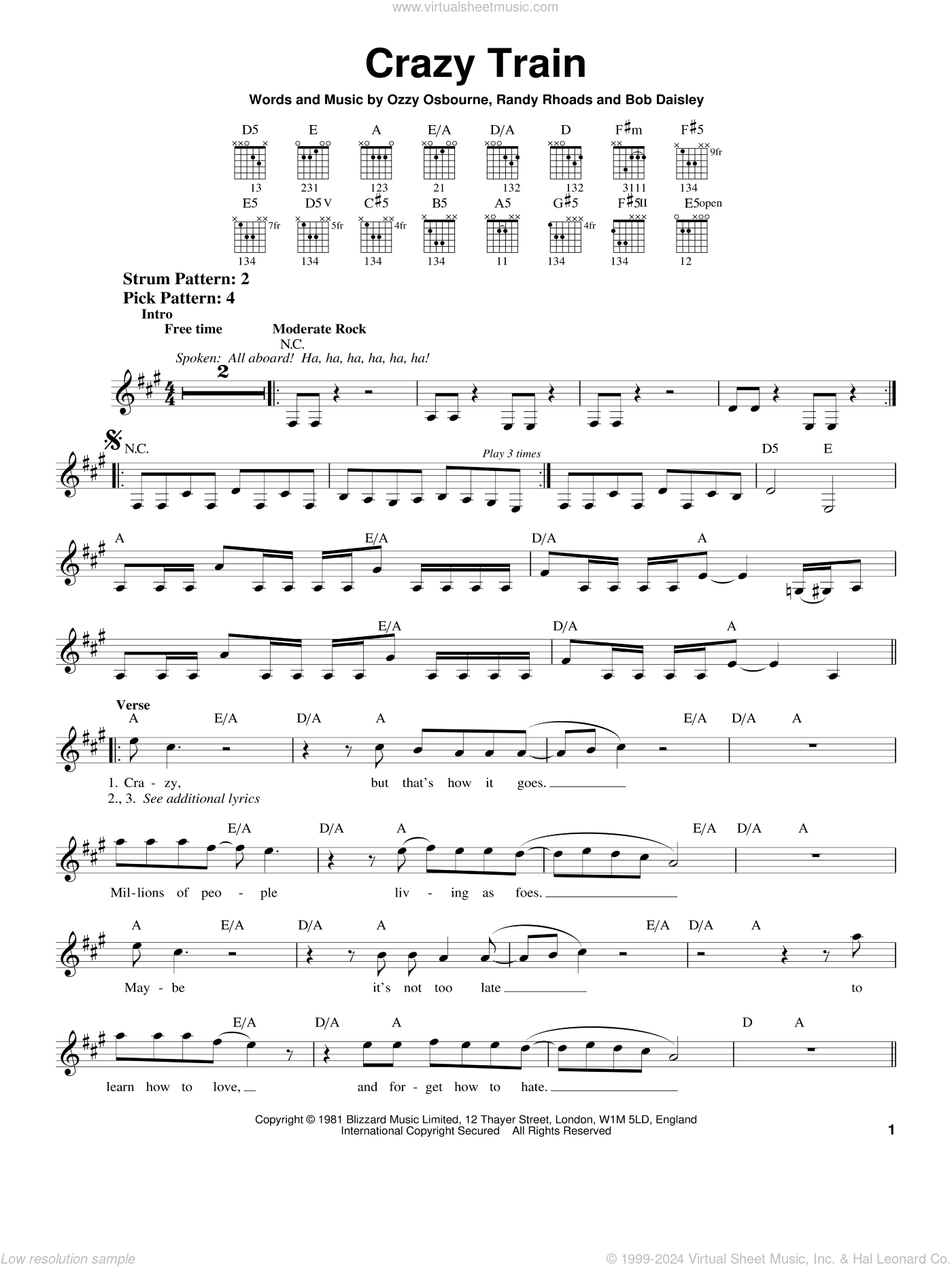 Crazy Train sheet music (easy) for guitar solo (chords) (PDF)