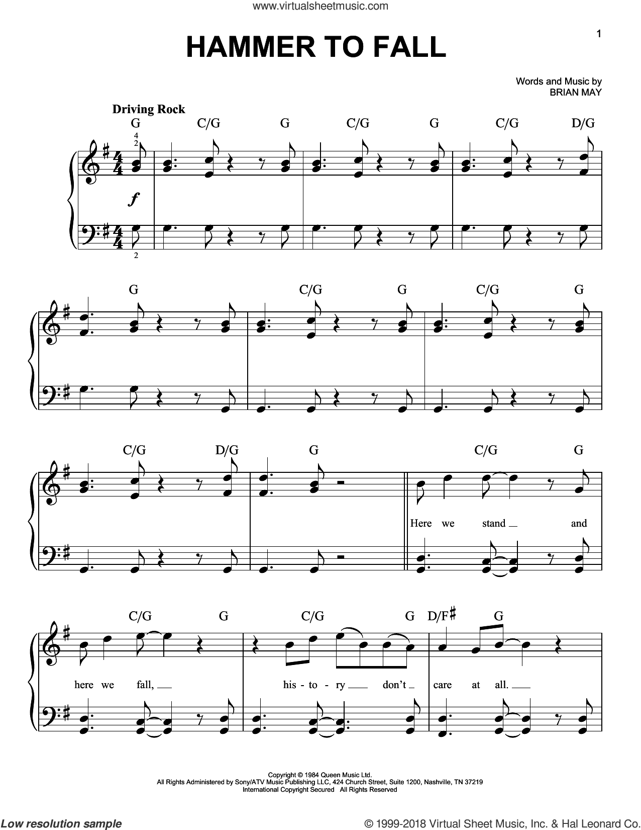 Hammer To Fall, (easy) sheet music for piano solo (PDF)
