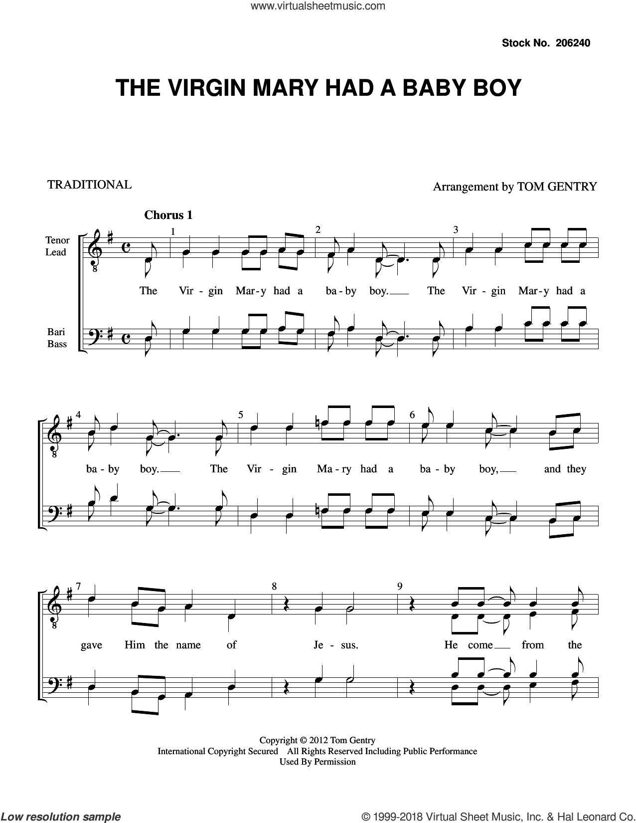The Virgin Mary had a Baby Boy (arr. Tom Gentry) sheet music for choir ...