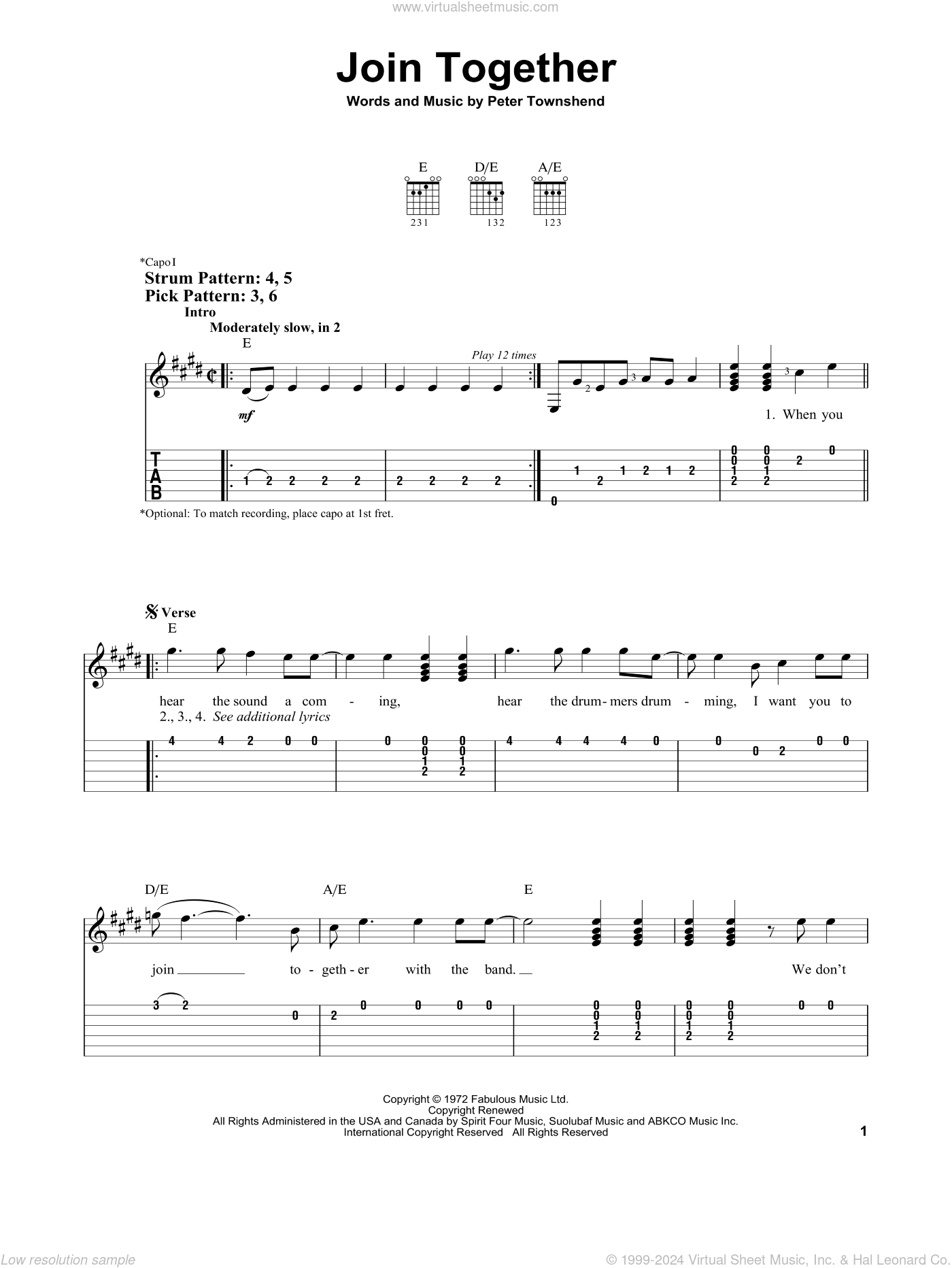 Join Together sheet music for guitar solo (easy tablature) (PDF)