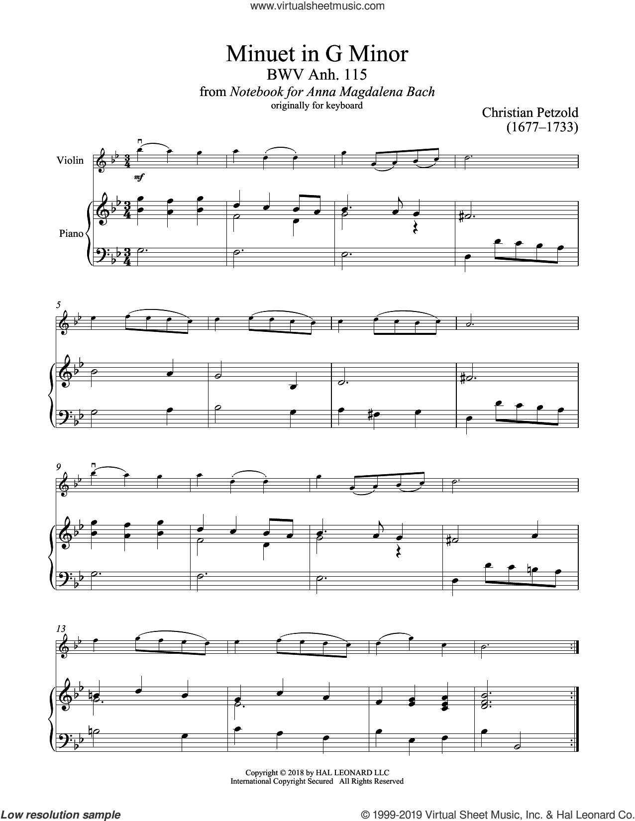 Minuet In G Minor, BWV Anh. 115 sheet music for violin and piano