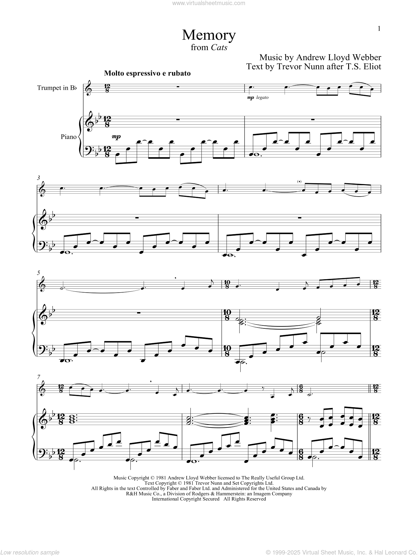 Memory (from Cats) sheet music for trumpet and piano (PDF)