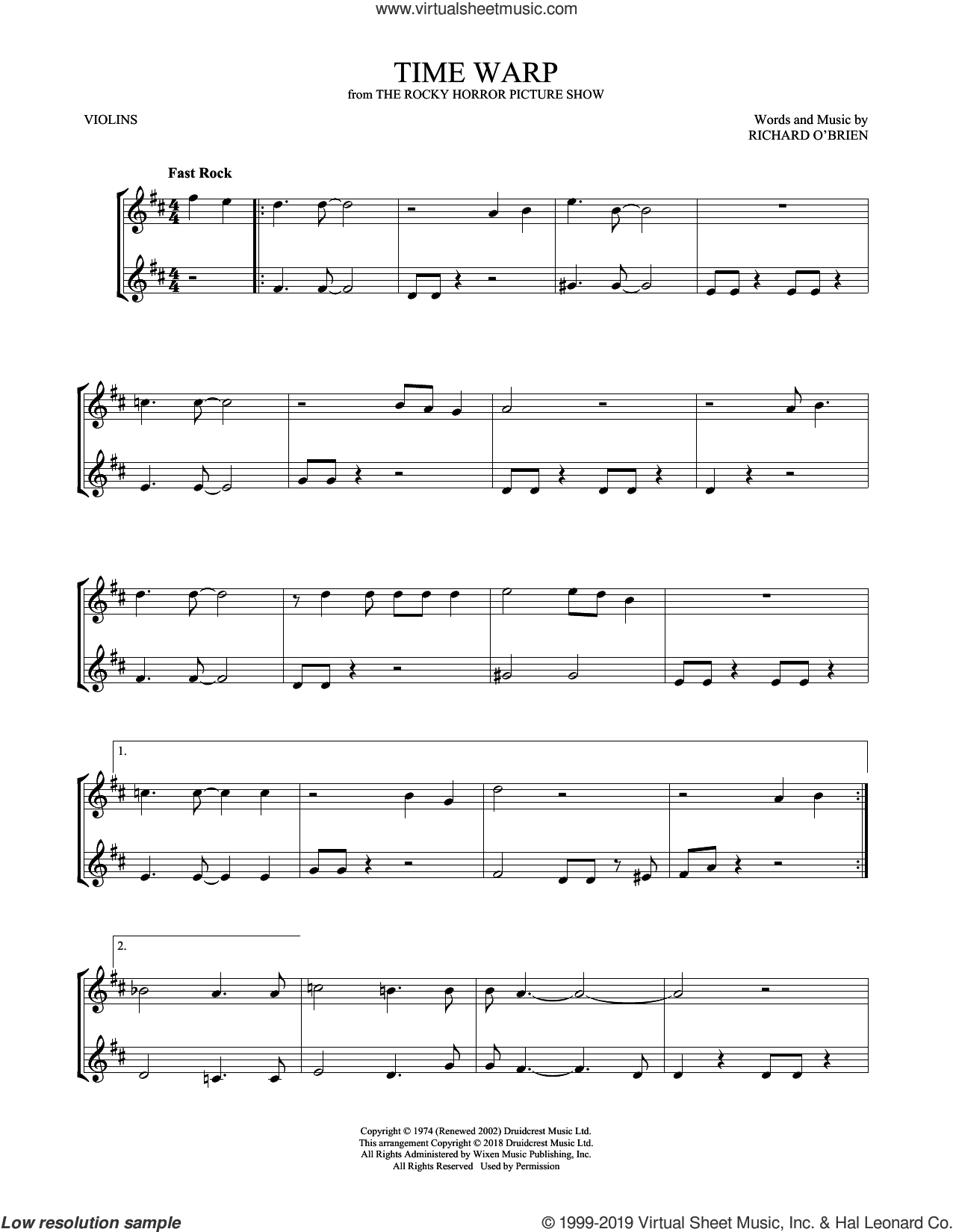 Time Warp sheet music for two violins (duets, violin duets) (PDF)