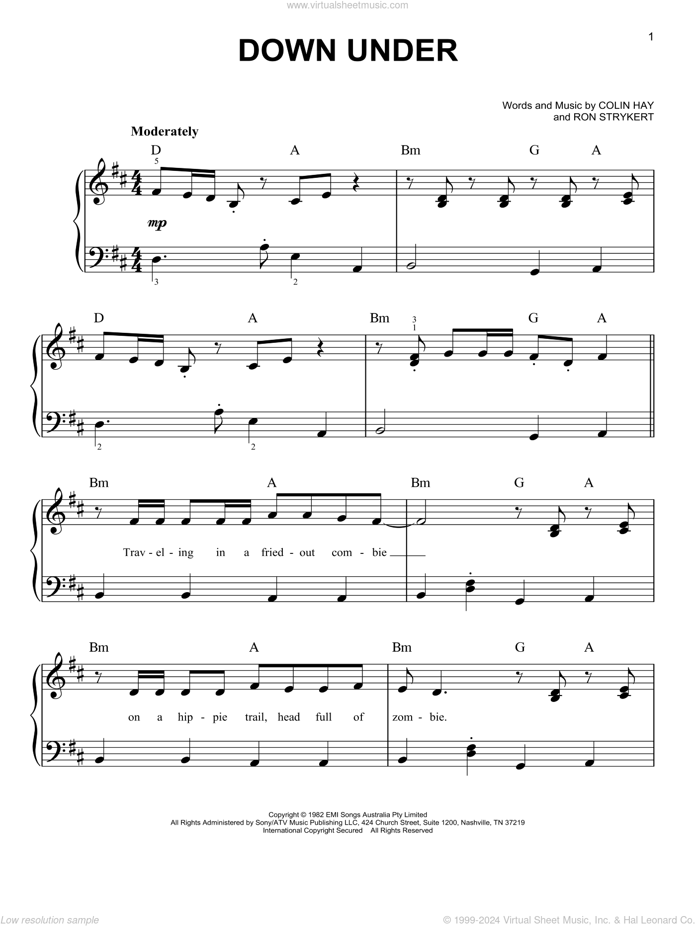 Down Under sheet music for piano solo (PDF-interactive)