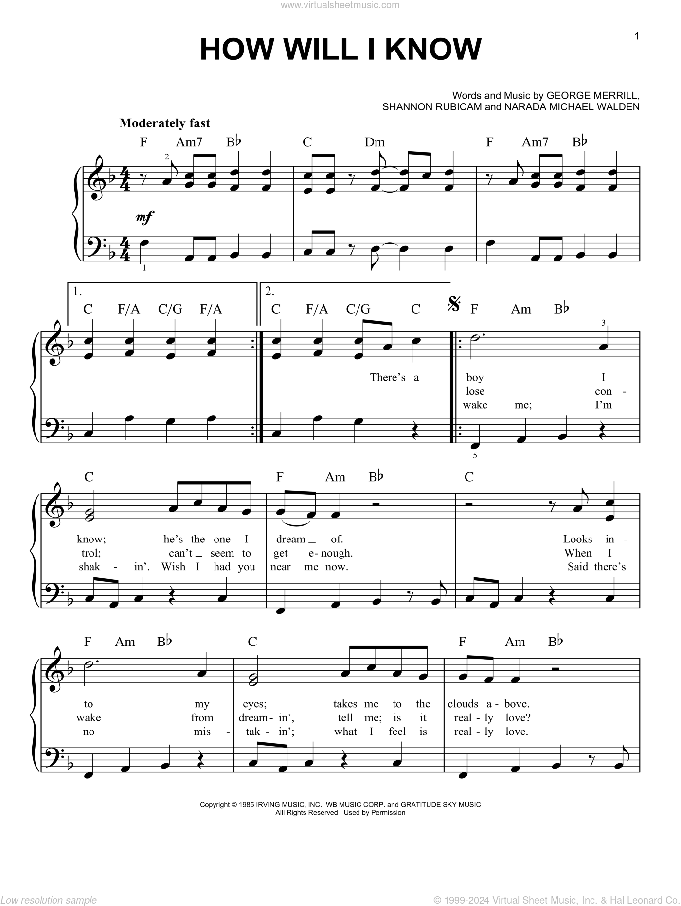 How Will I Know, (easy) sheet music for piano solo (PDF)