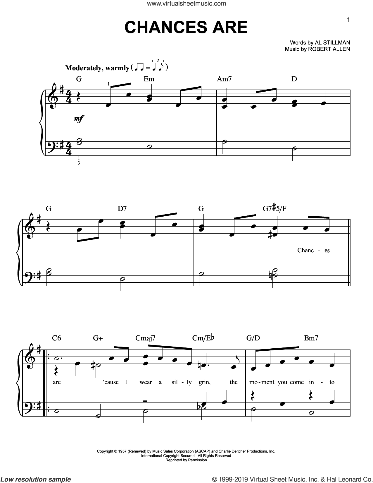 Chances Are sheet music for piano solo (PDF-interactive)