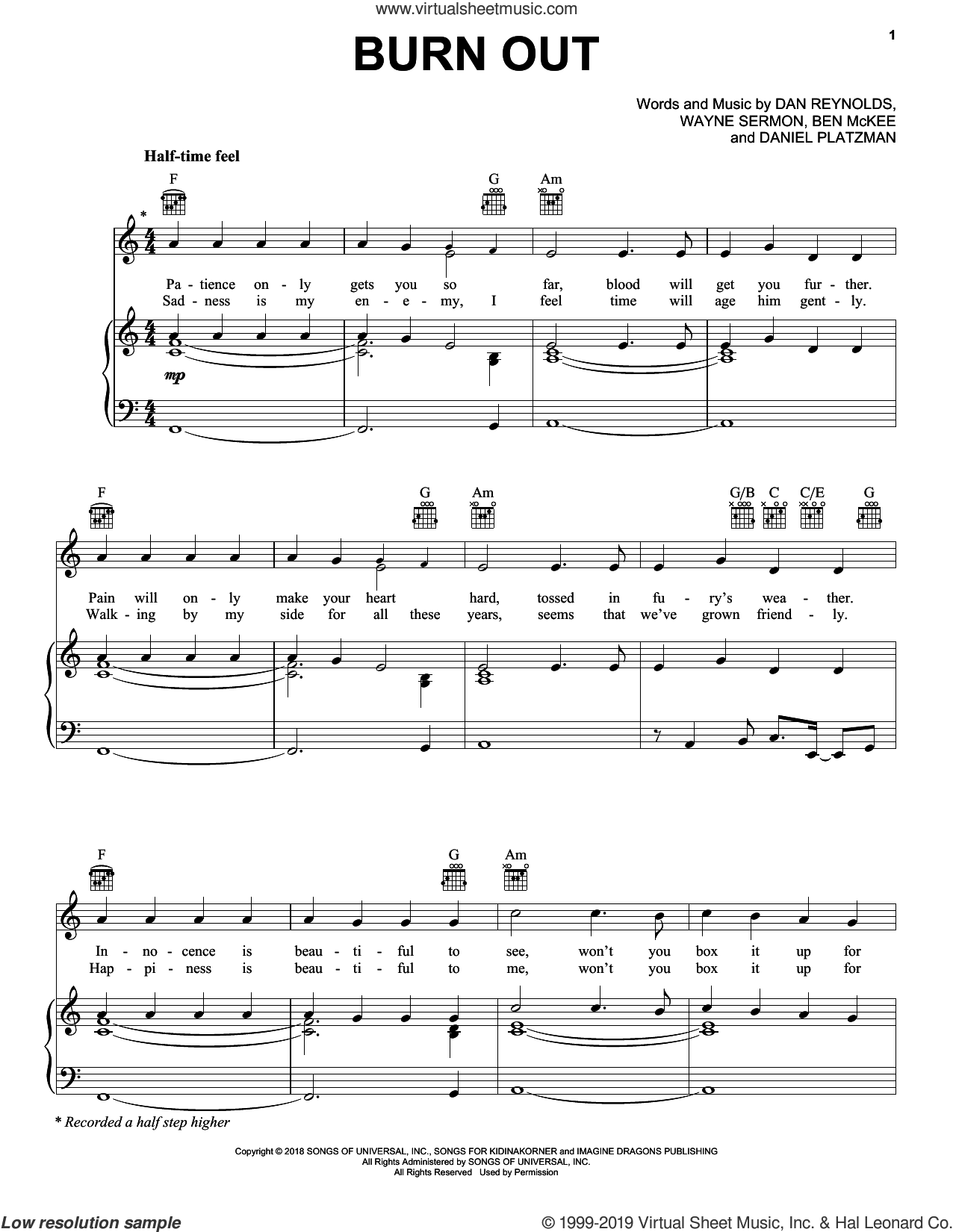 Burn Out sheet music for voice, piano or guitar (PDF-interactive)