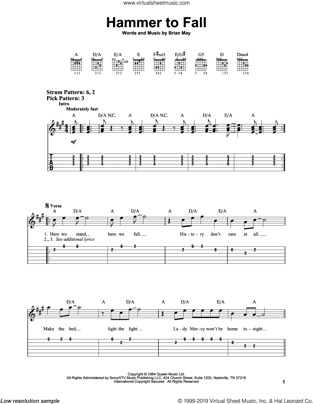 Hammer To Fall sheet music for guitar solo (easy tablature) (PDF)