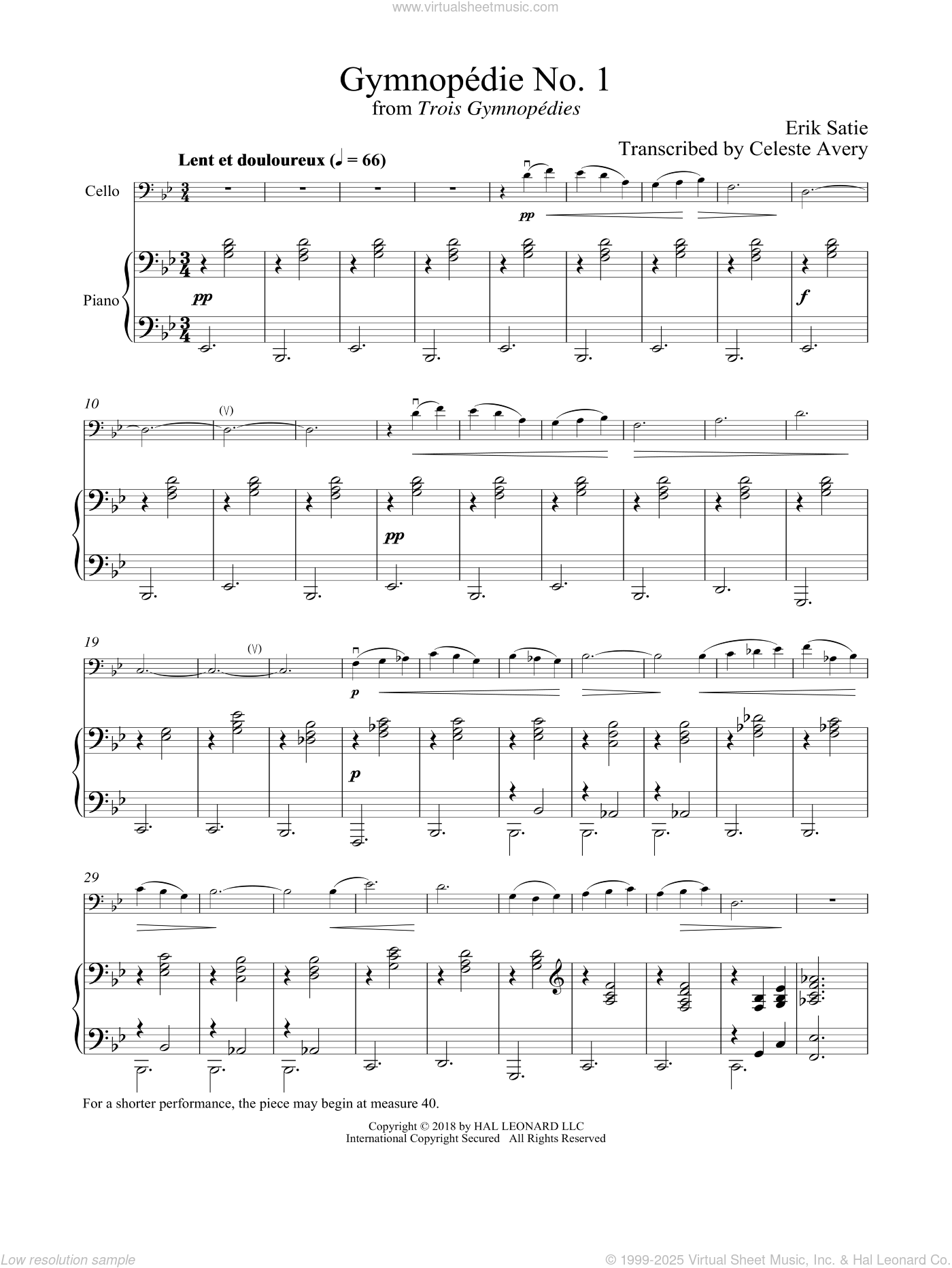 Gymnopedie No. 1 sheet music for cello and piano (PDF)