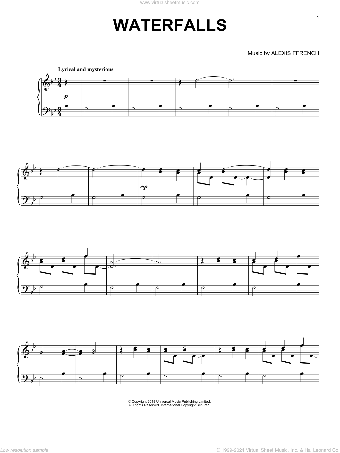 Alexis Ffrench: Waterfalls sheet music for piano solo (PDF)