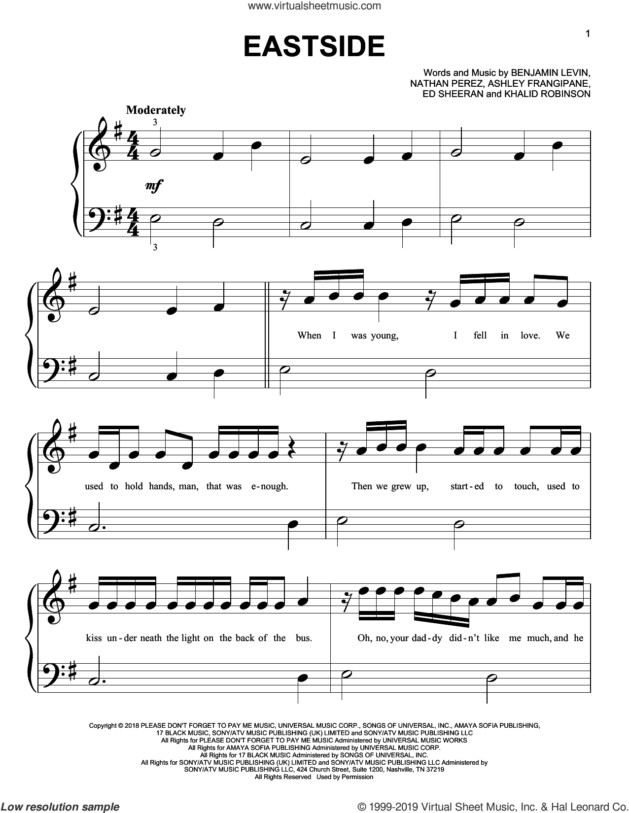 Eastside sheet music for piano solo (big note book) (PDF)