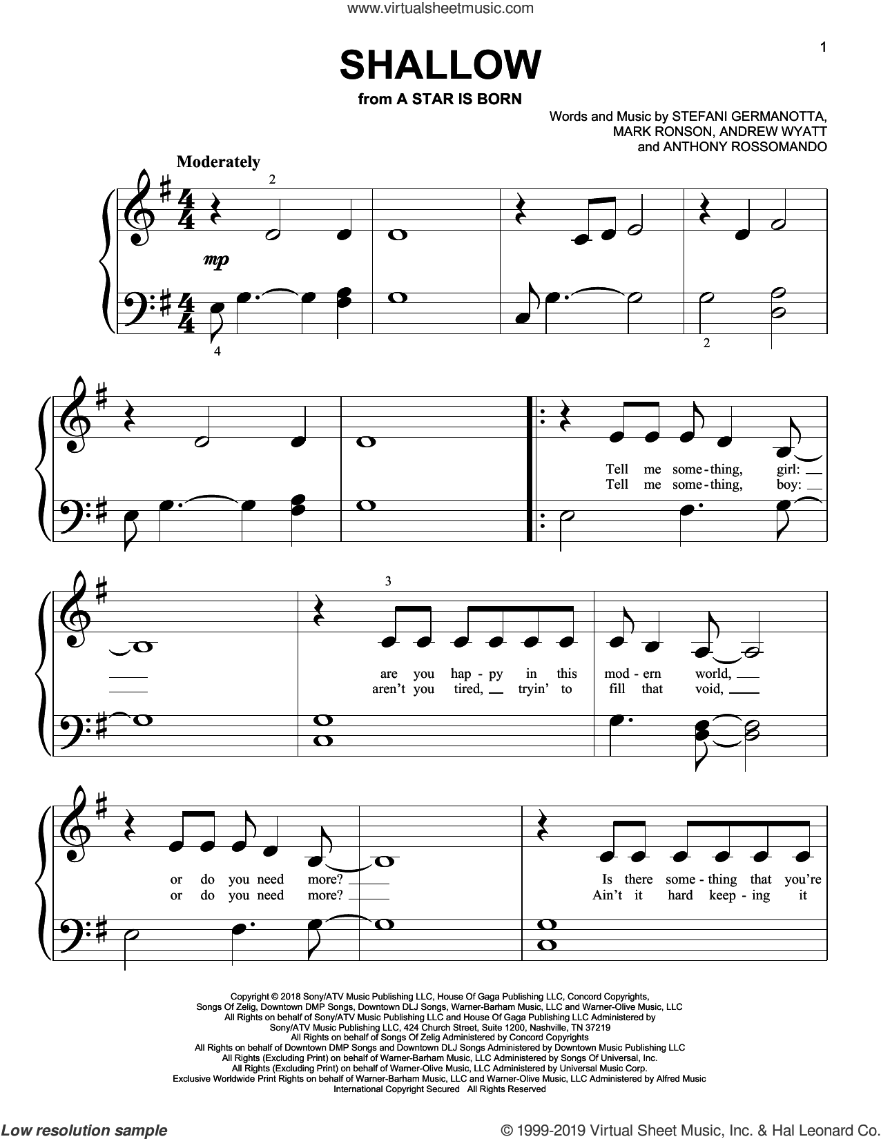 Shallow (from A Star Is Born) sheet music for piano solo (big note book)
