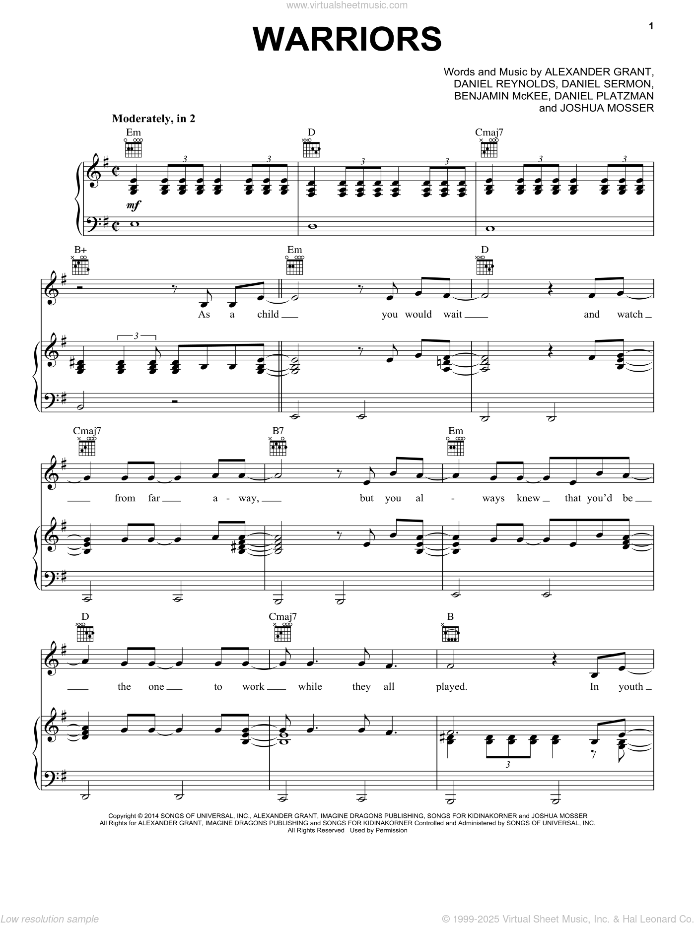 Warriors sheet music for voice, piano or guitar (PDF-interactive)