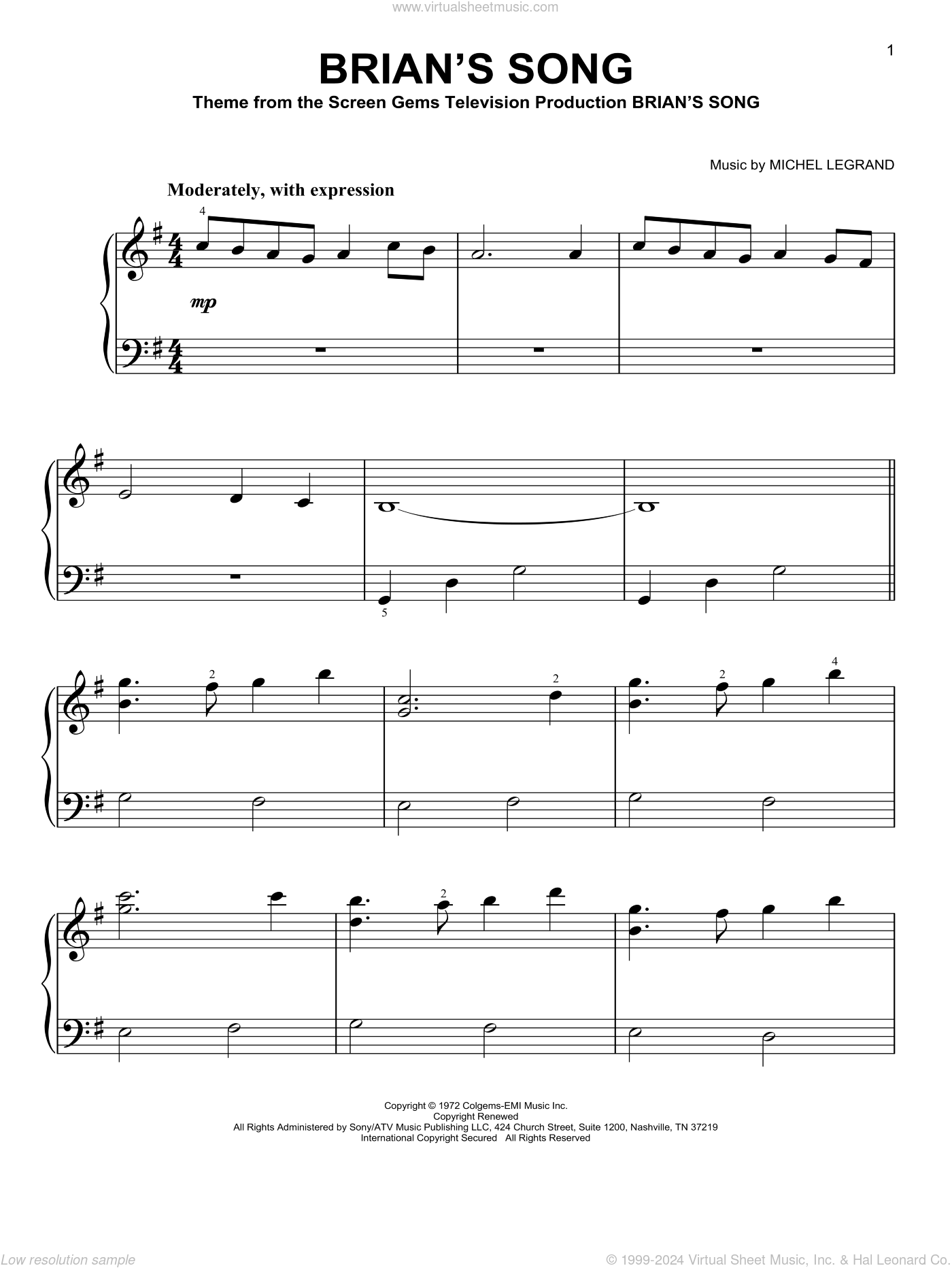 Brian's Song sheet music (easy) for piano solo (PDF-interactive)