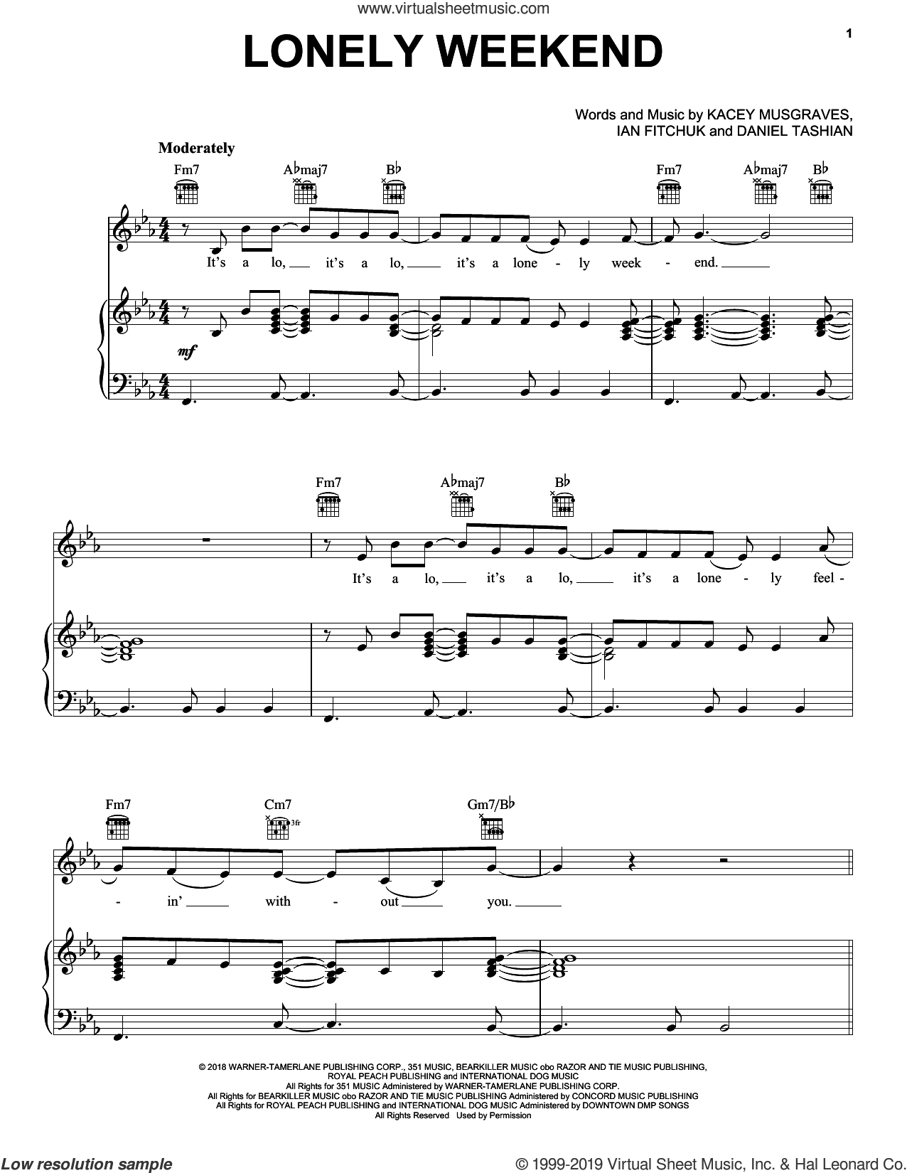 Lonely Weekend sheet music for voice, piano or guitar (PDF)
