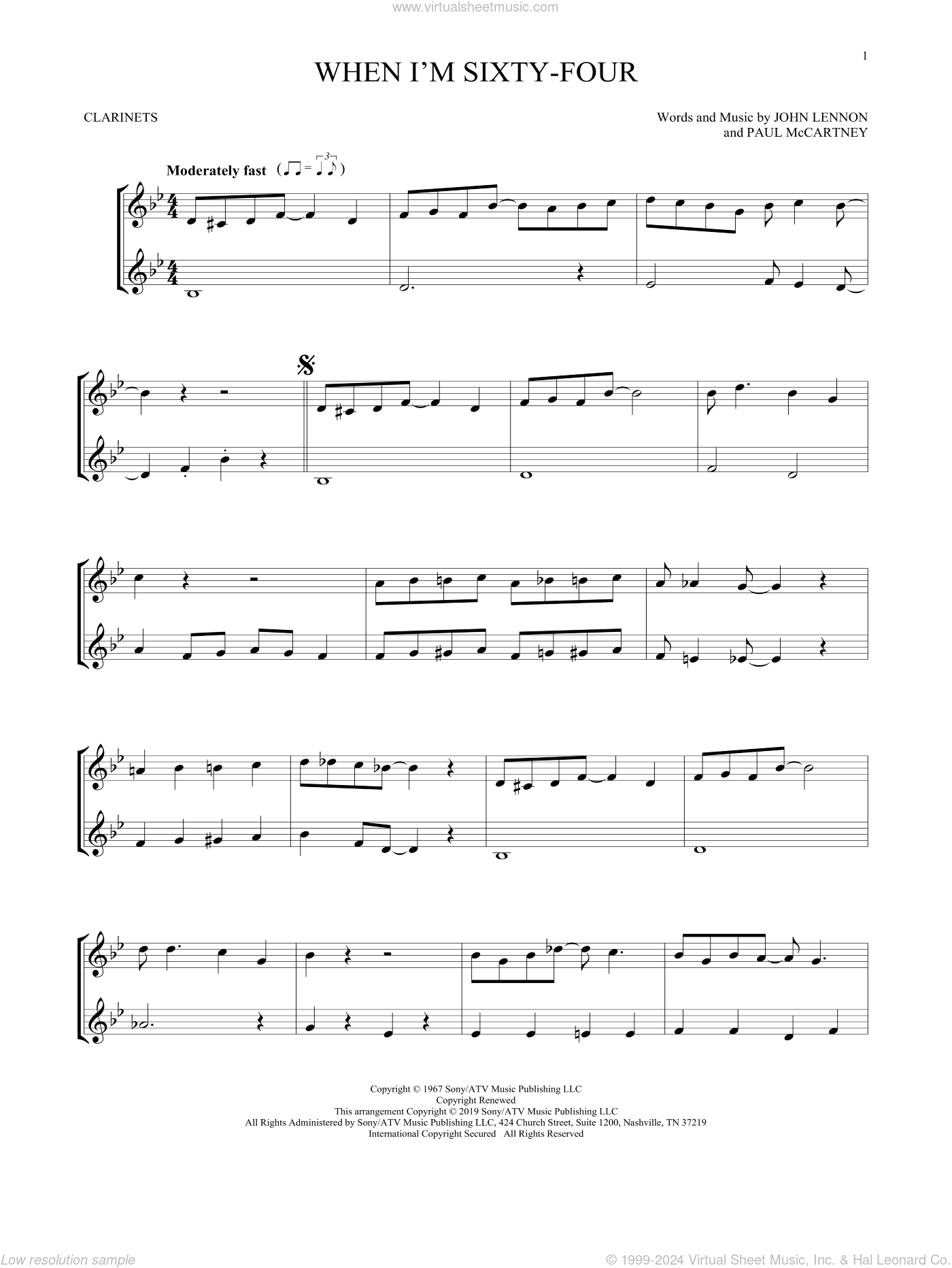 When I'm Sixty-Four sheet music for two clarinets (duets) (PDF)