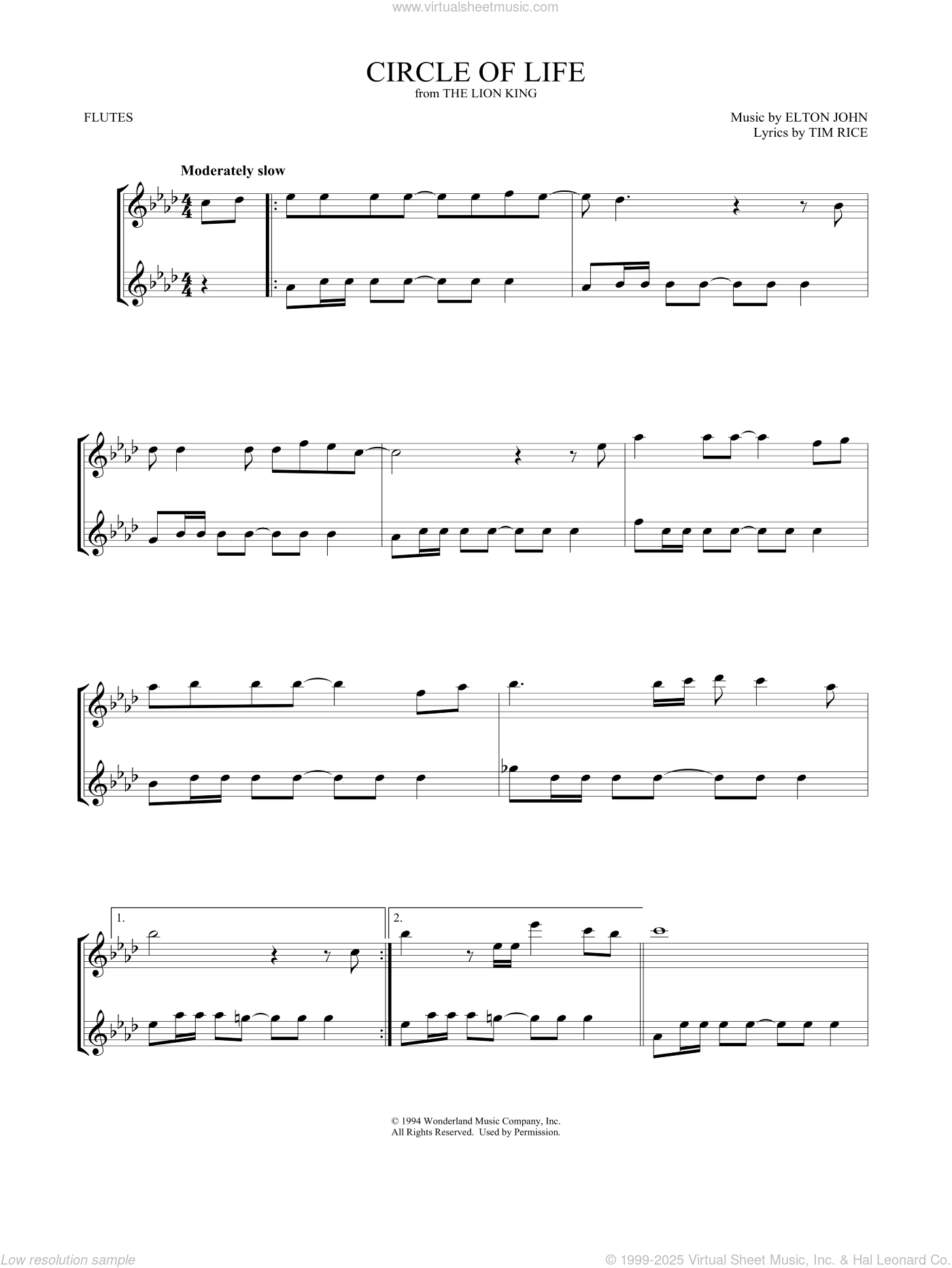 Circle Of Life (from The Lion King) sheet music for two flutes (duets)