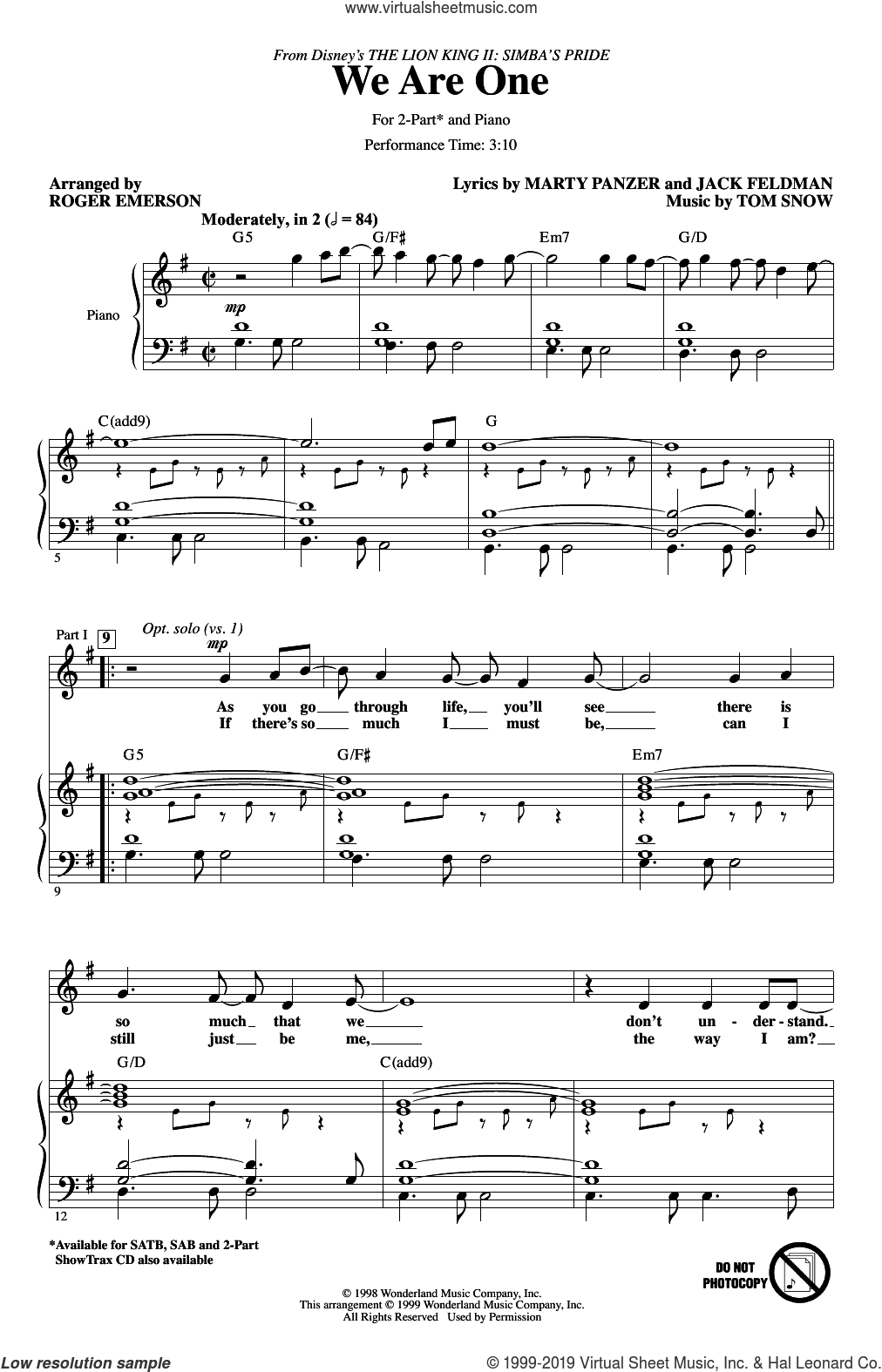 We Are One (from The Lion King II: Simba's Pride) (arr. Roger Emerson ...
