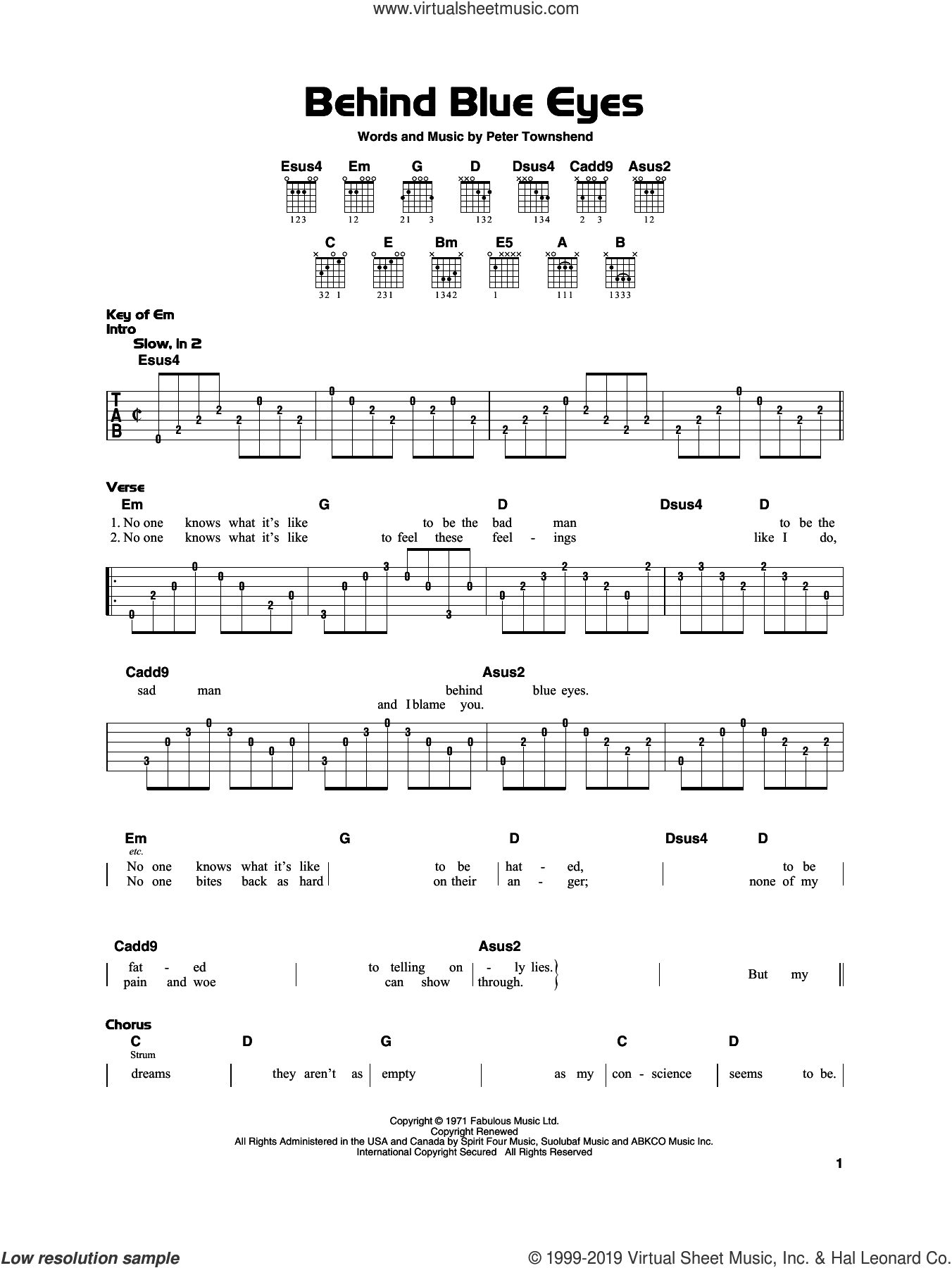 Who - Behind Blue Eyes, (beginner) sheet music for guitar solo