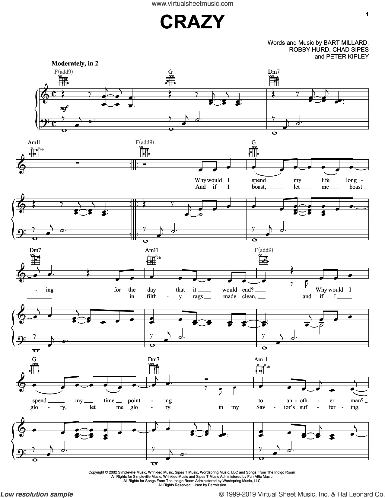 MercyMe: Crazy sheet music for voice, piano or guitar (PDF)
