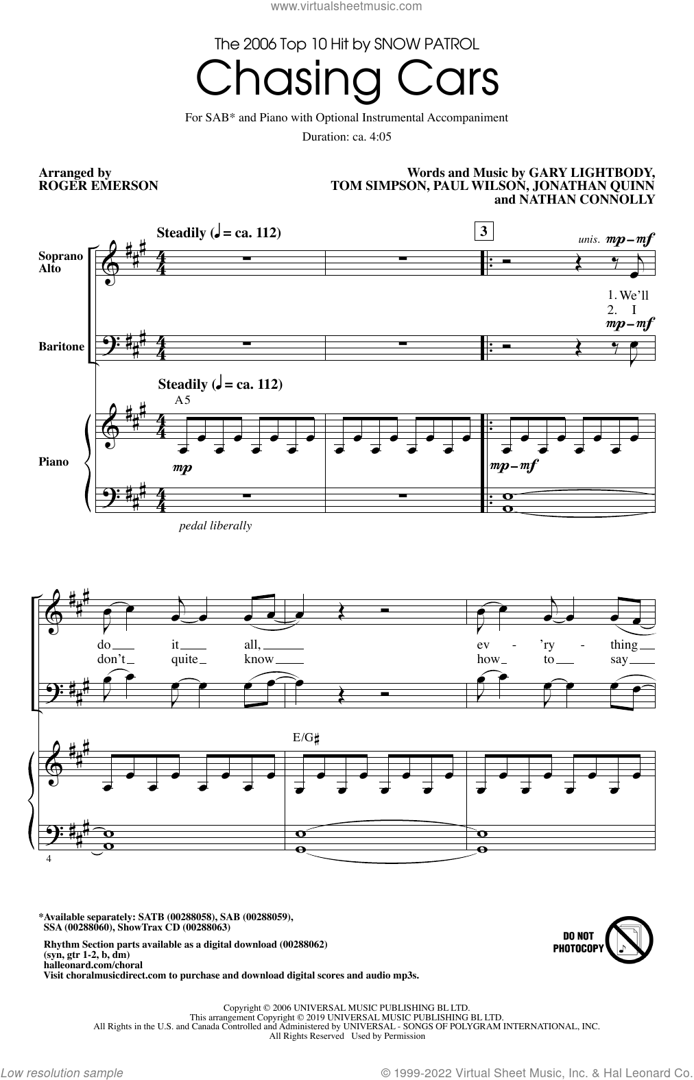 Chasing Cars (arr. Roger Emerson) sheet music for choir (SAB: soprano ...